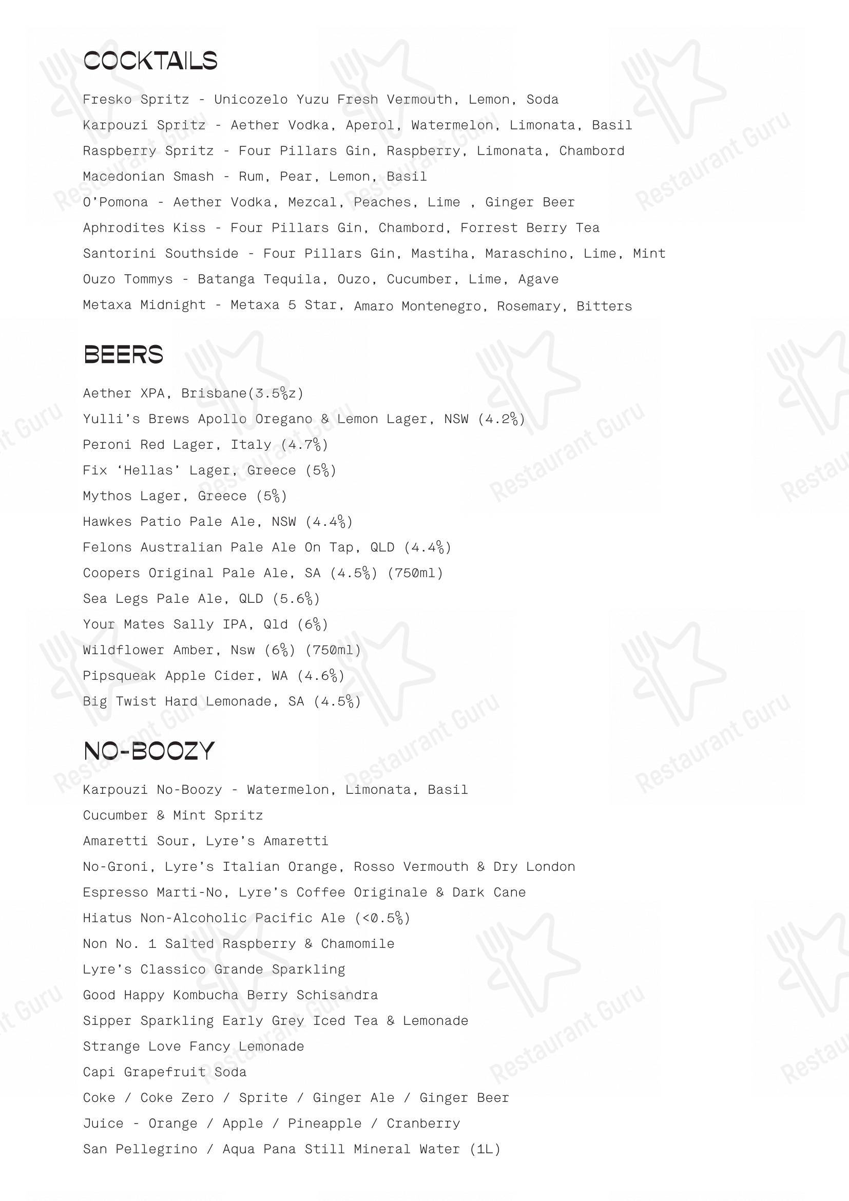 Menu at GRECA restaurant, Brisbane City
