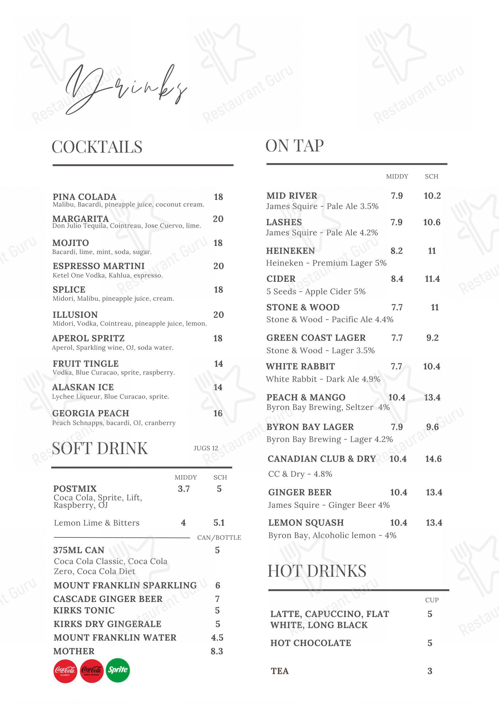 Carta del pub y bar Garden Hotel, Dubbo