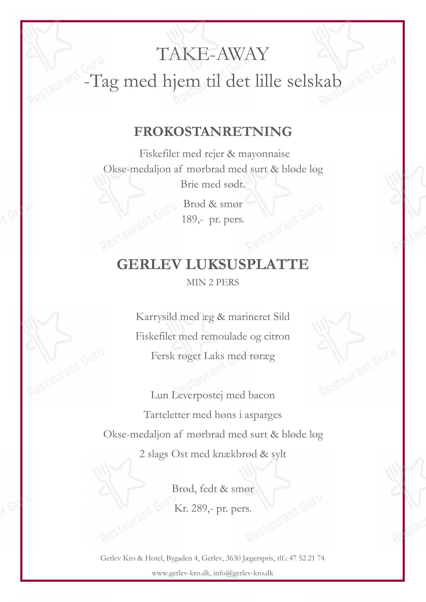 Menu at Gerlev Kro og Hotel restaurant, Denmark