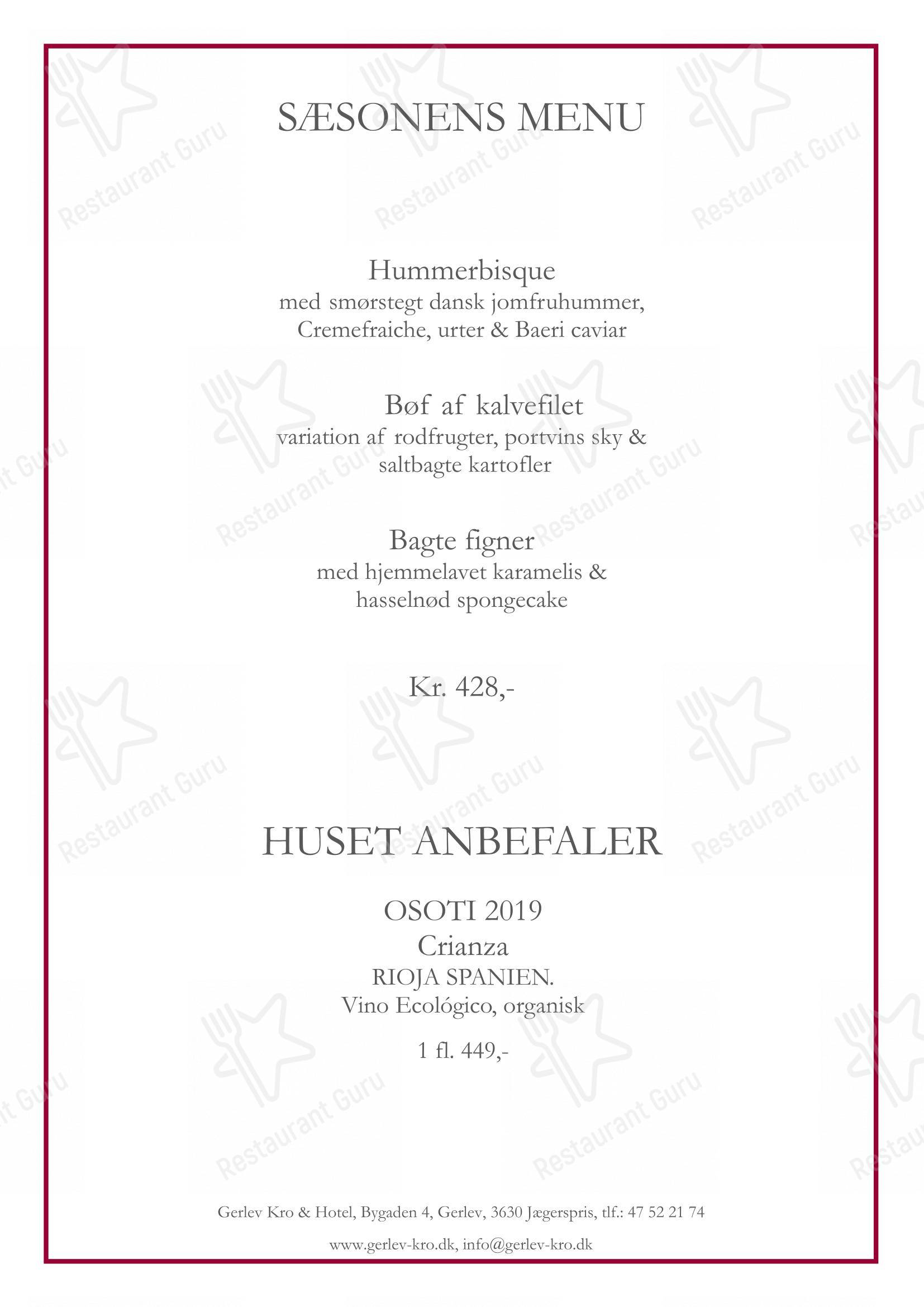 Menu at Gerlev Kro og Hotel restaurant, Denmark