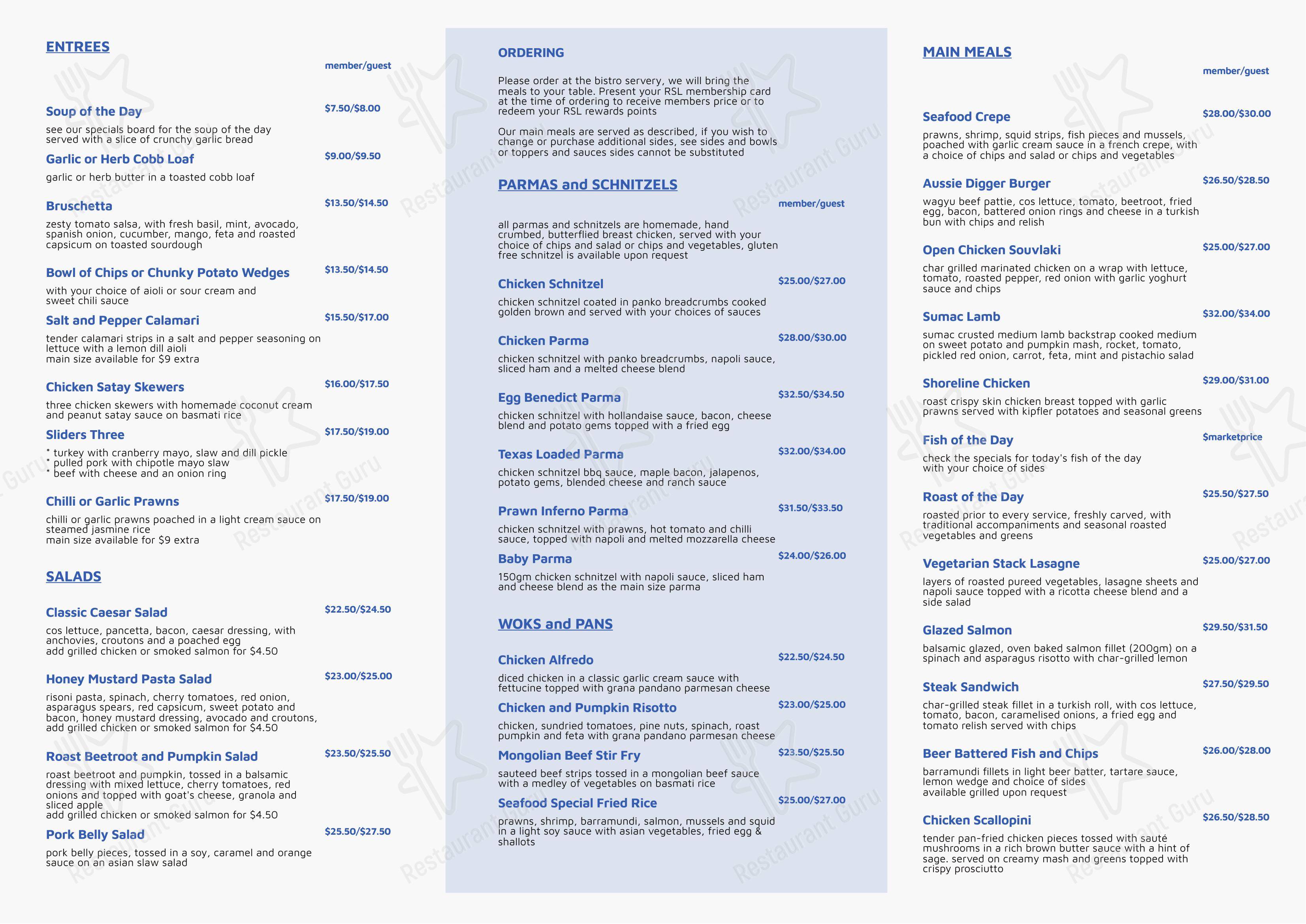 Menu at Greensborough RSL pub & bar, Greensborough