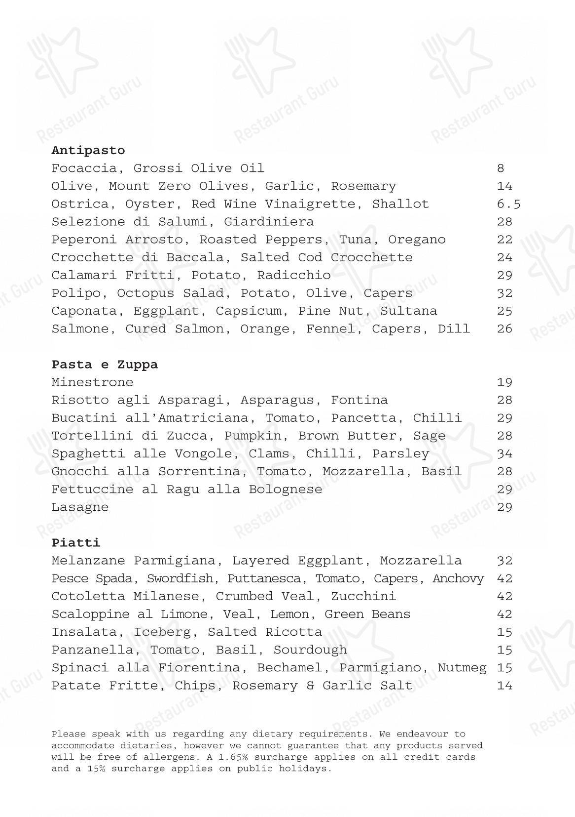 Menu at Grossi Florentino restaurant, Melbourne