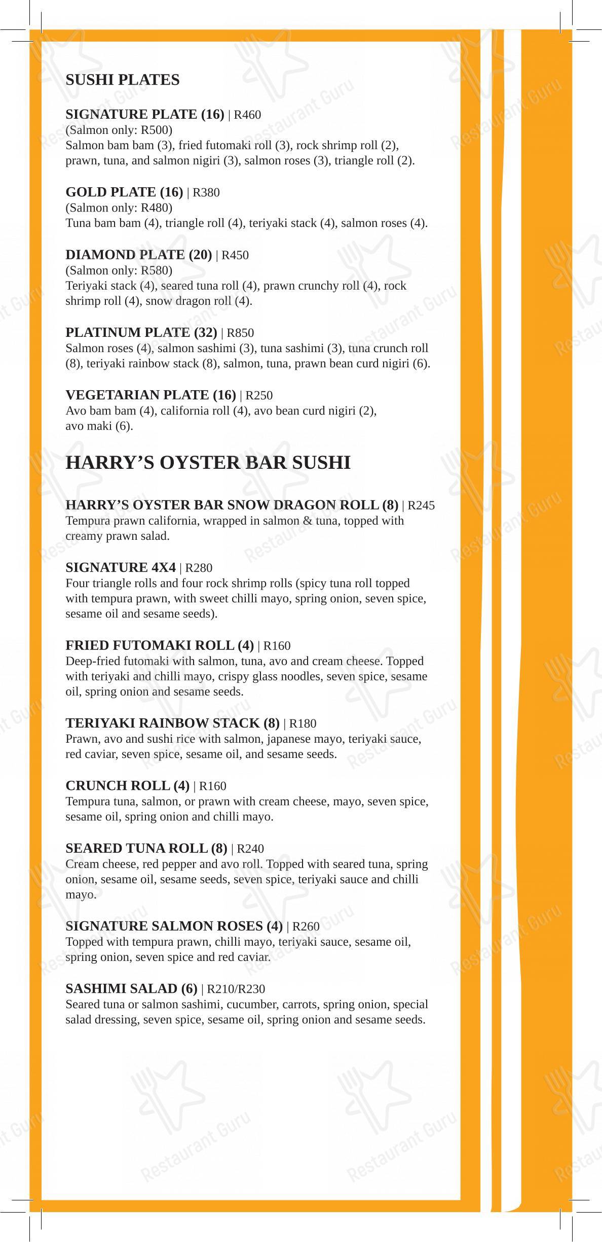 Menu at Harry's Beach Restaurant, Cape Town