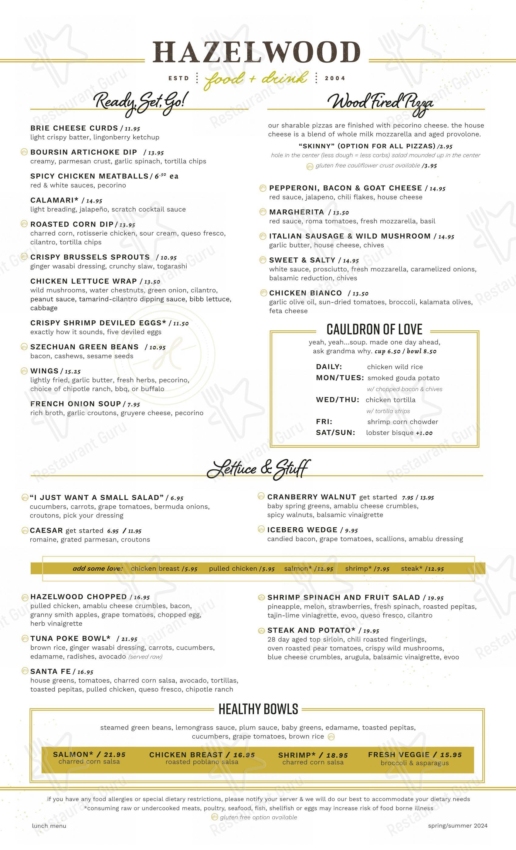 Menu at Hazelwood Food and Drink- Tonka Bay pub & bar, Excelsior