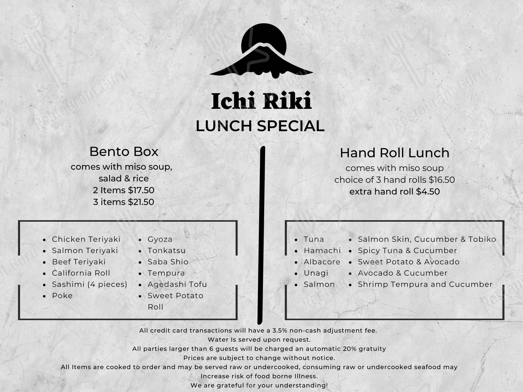 Menu at Ichi-Riki Japanese Restaurant, Seaside