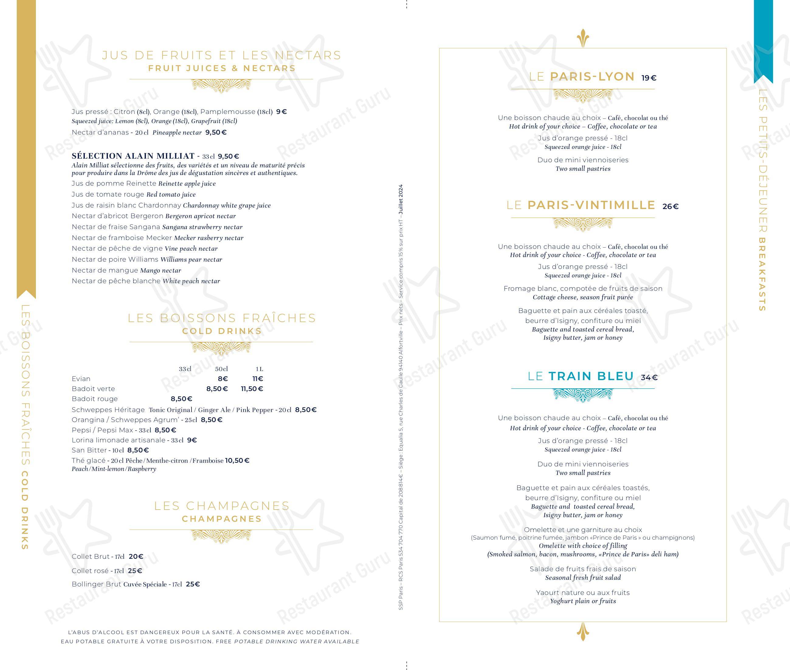 Menu au Le Train Bleu restaurant, Paris, Gare de Lyon