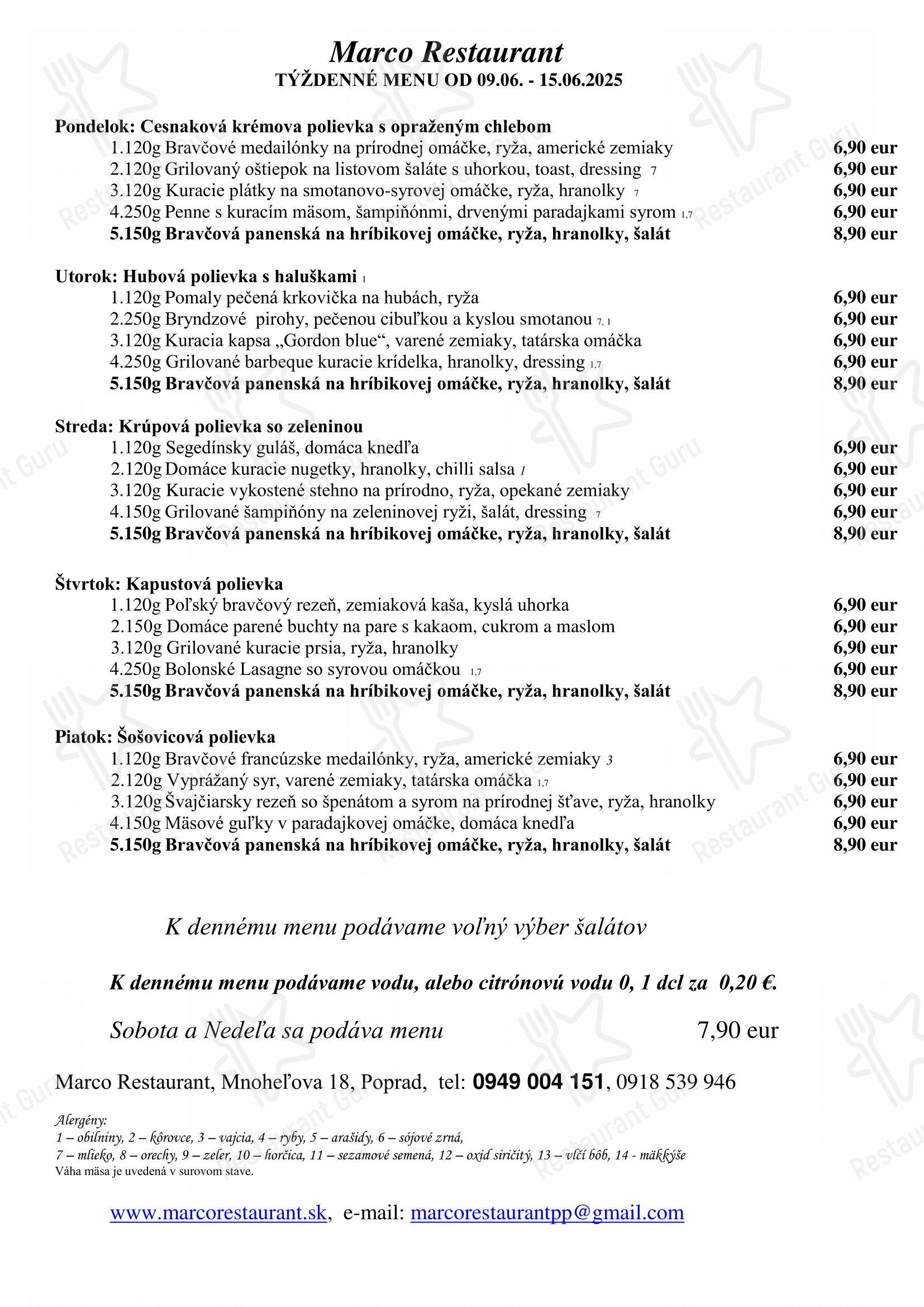 Menu at Marco restaurant, Poprad