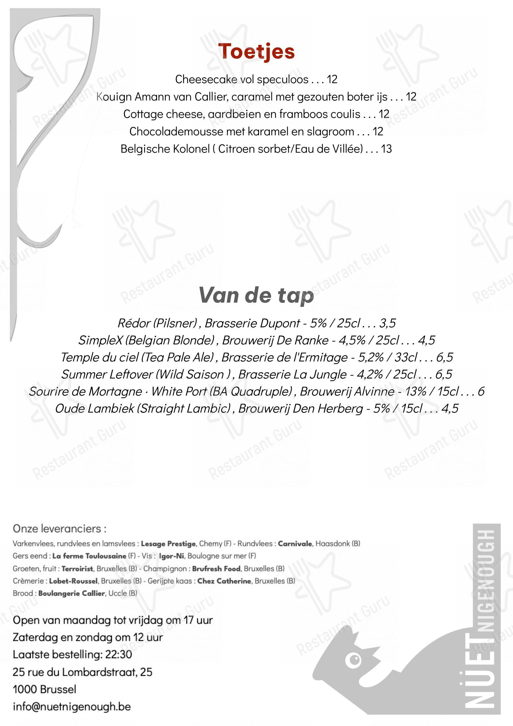Menu at Nüetnigenough, Brussels