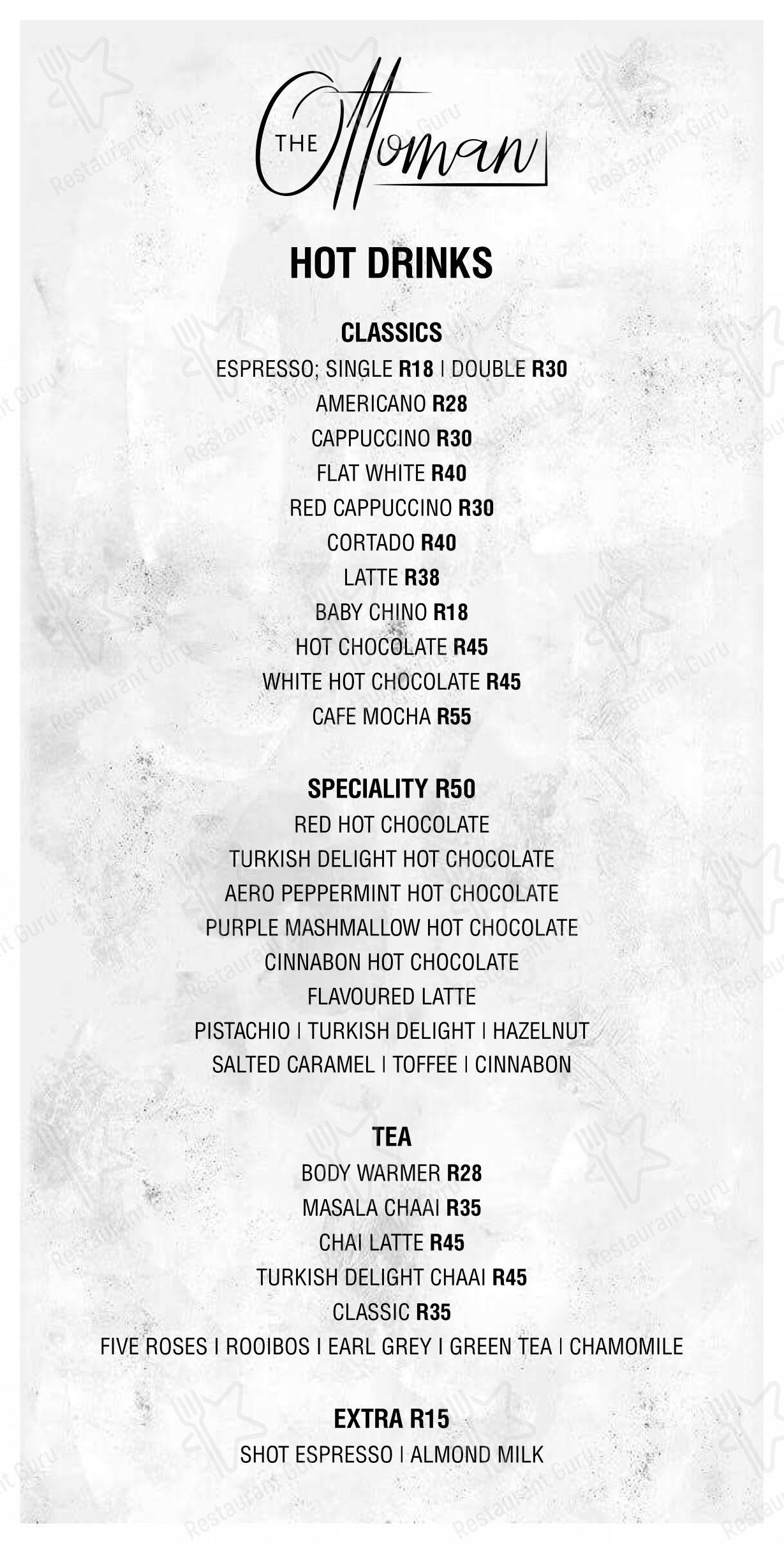 Menu at Otto's Cafe, Cape Town