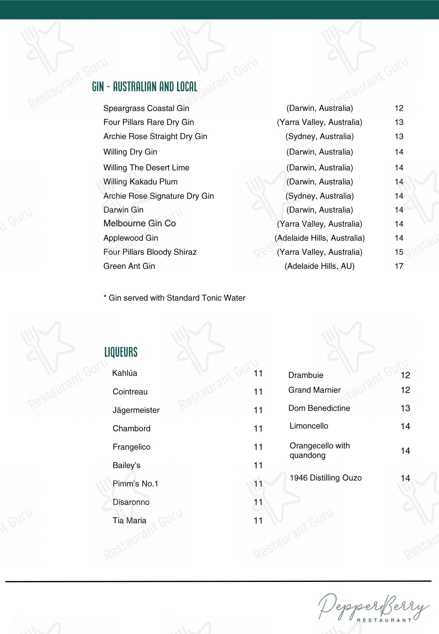 Menu at PepperBerry Restaurant, Darwin City