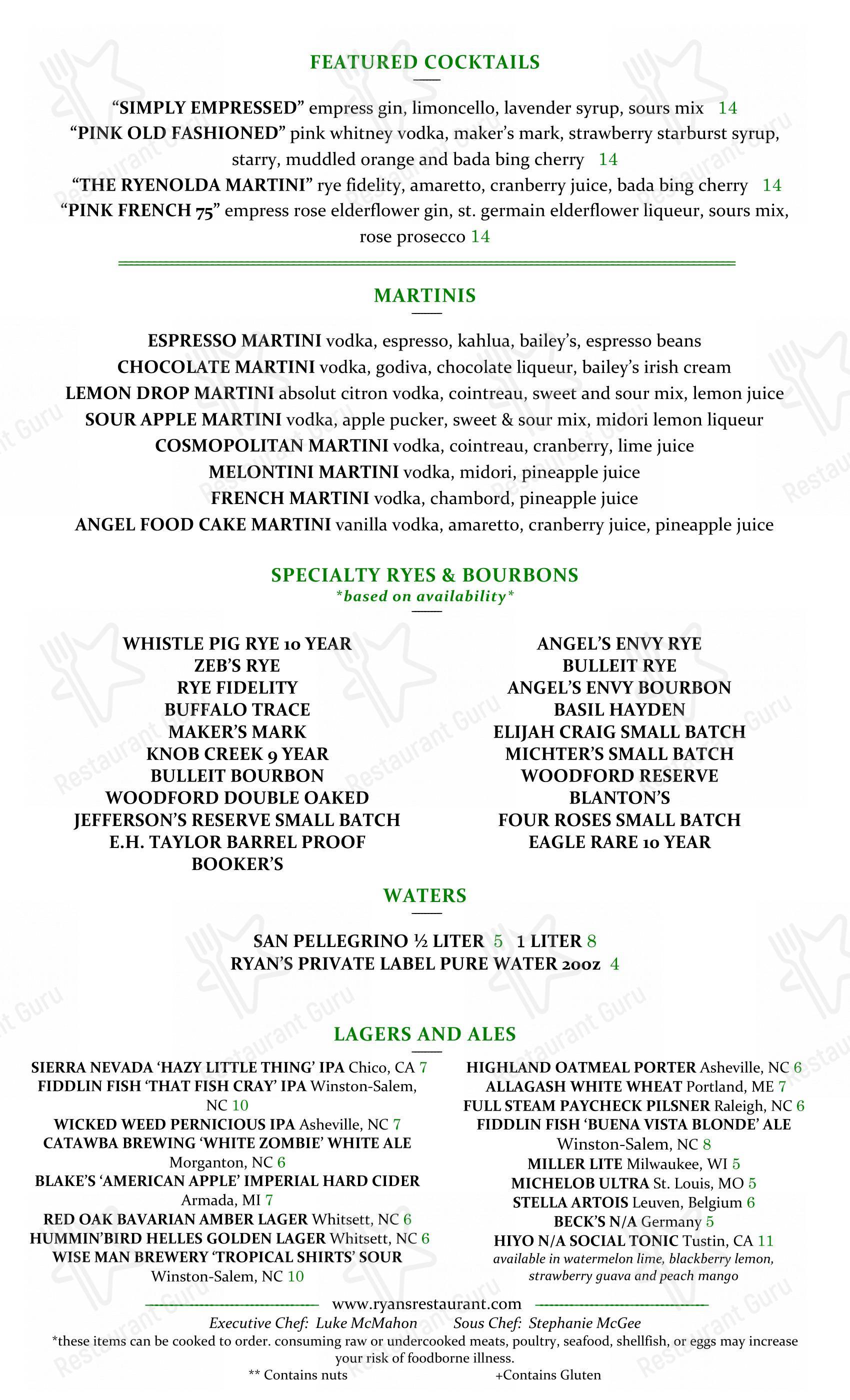 Menu at Ryan's Restaurant, Winston-Salem