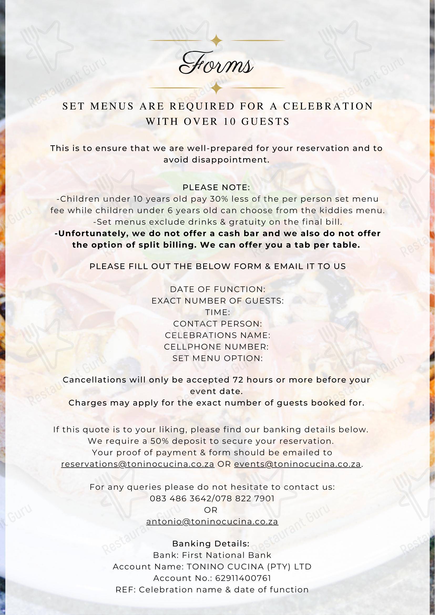 Menu at TONINO CUCINA BENONI restaurant, Benoni