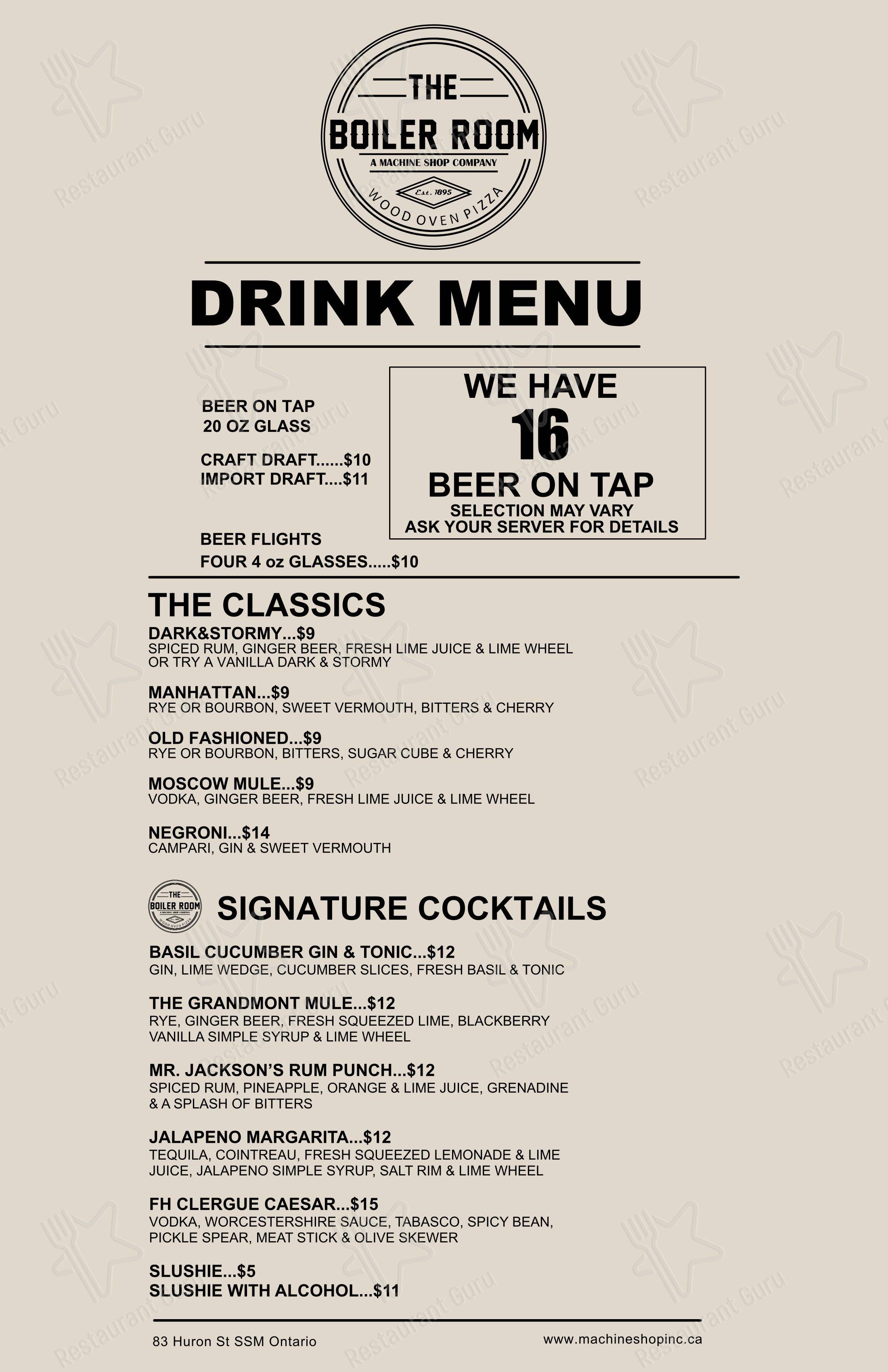 Menu at The Boiler Room pizzeria, Sault Ste. Marie