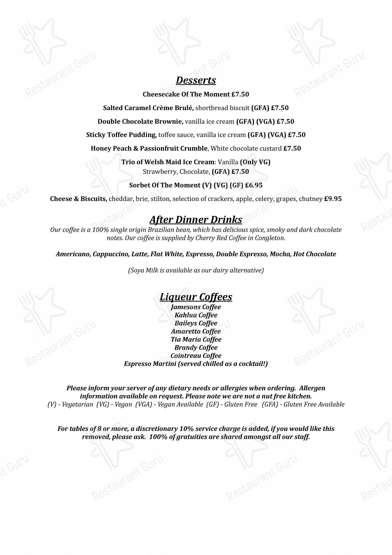 Menu at The Celtic Arms restaurant, Mold
