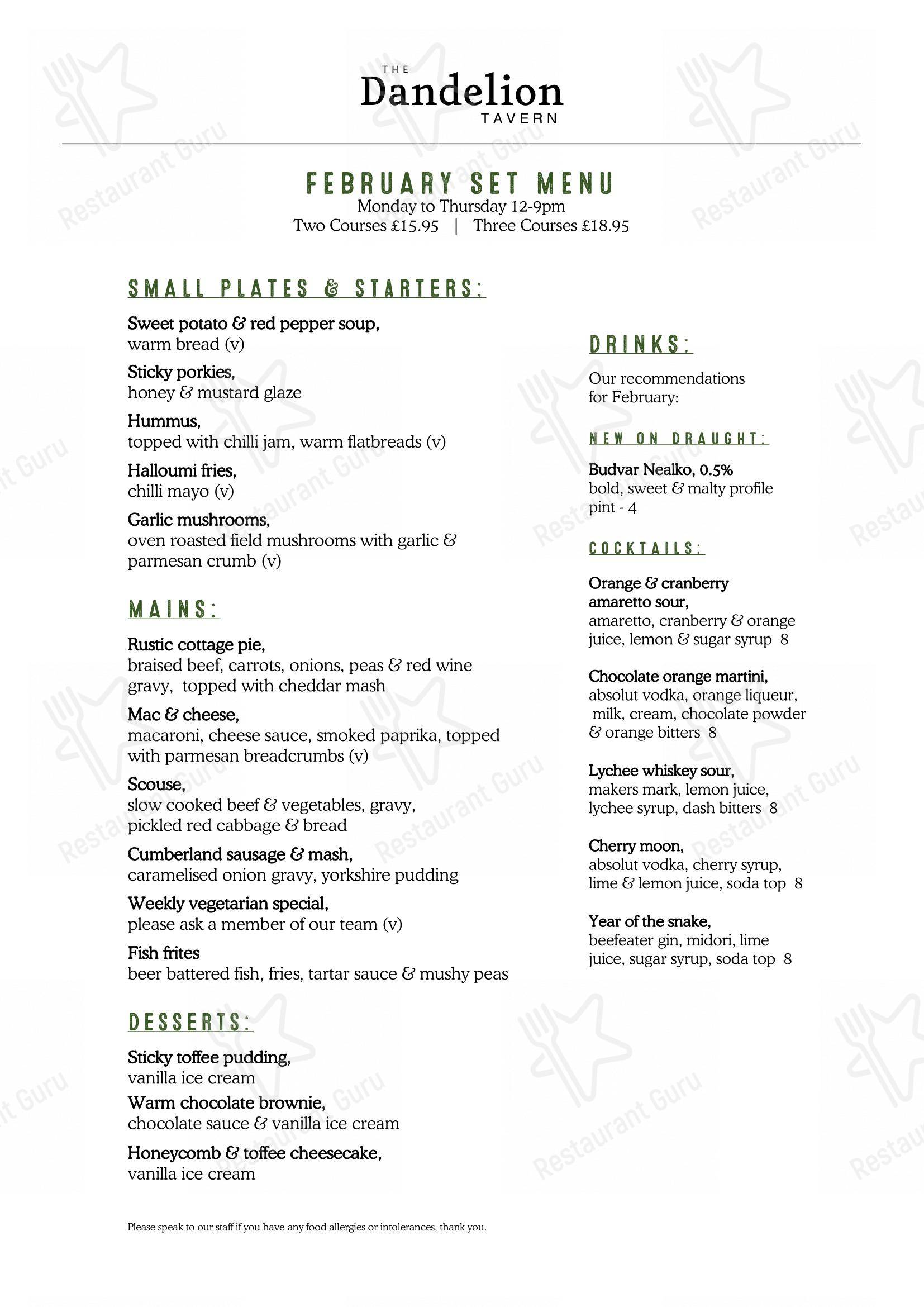 Menu at The Dandelion Tavern pub & bar, Widnes