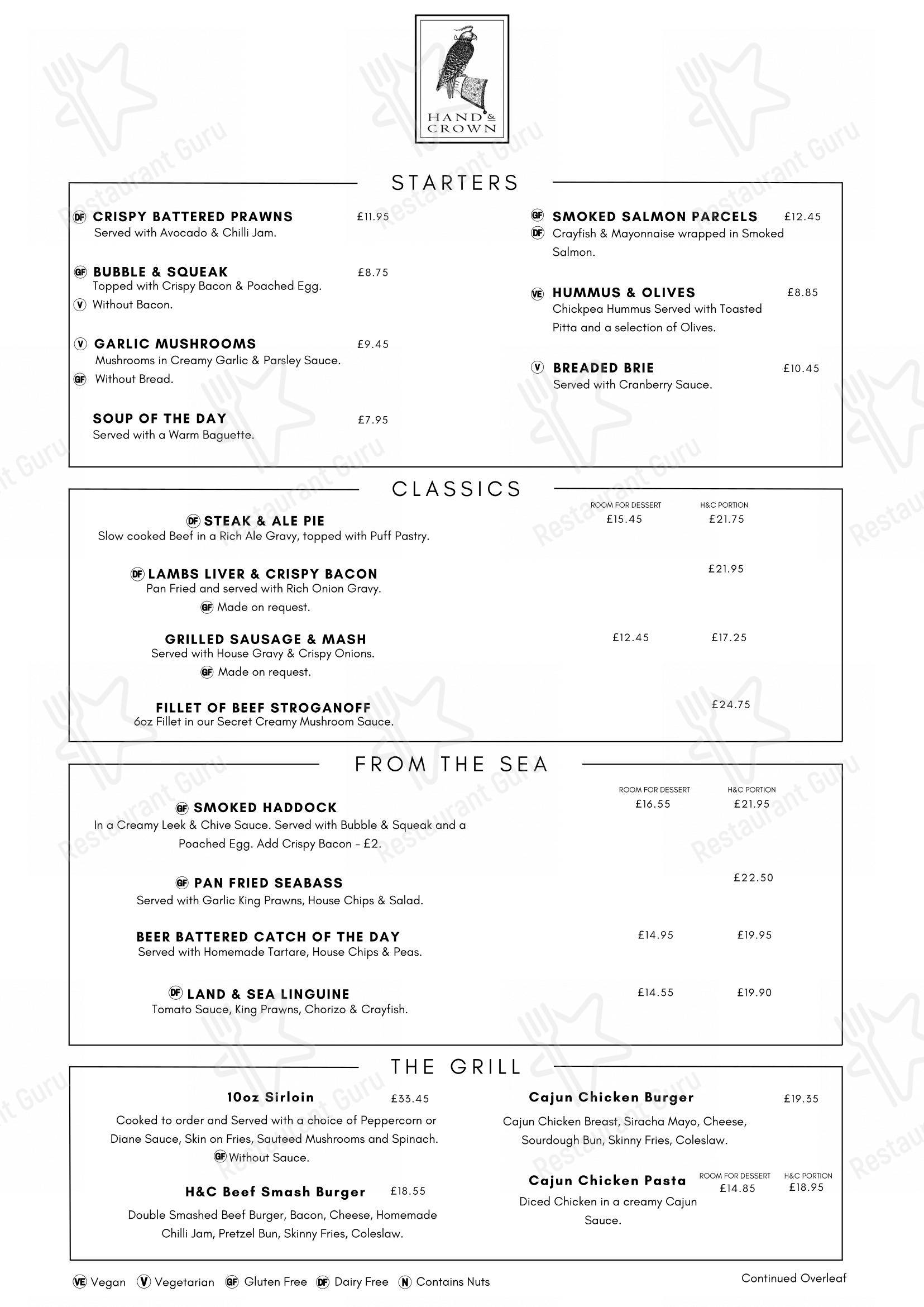 Menu at The Hand & Crown pub & bar, Sawbridgeworth