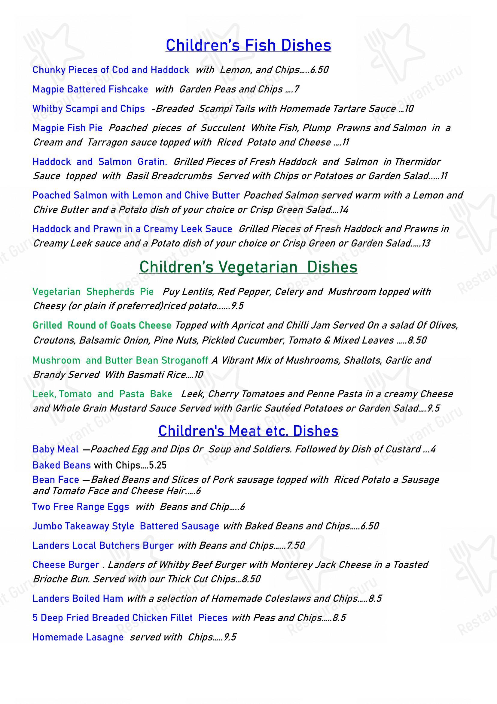 Menu at The Magpie Café restaurant, Whitby