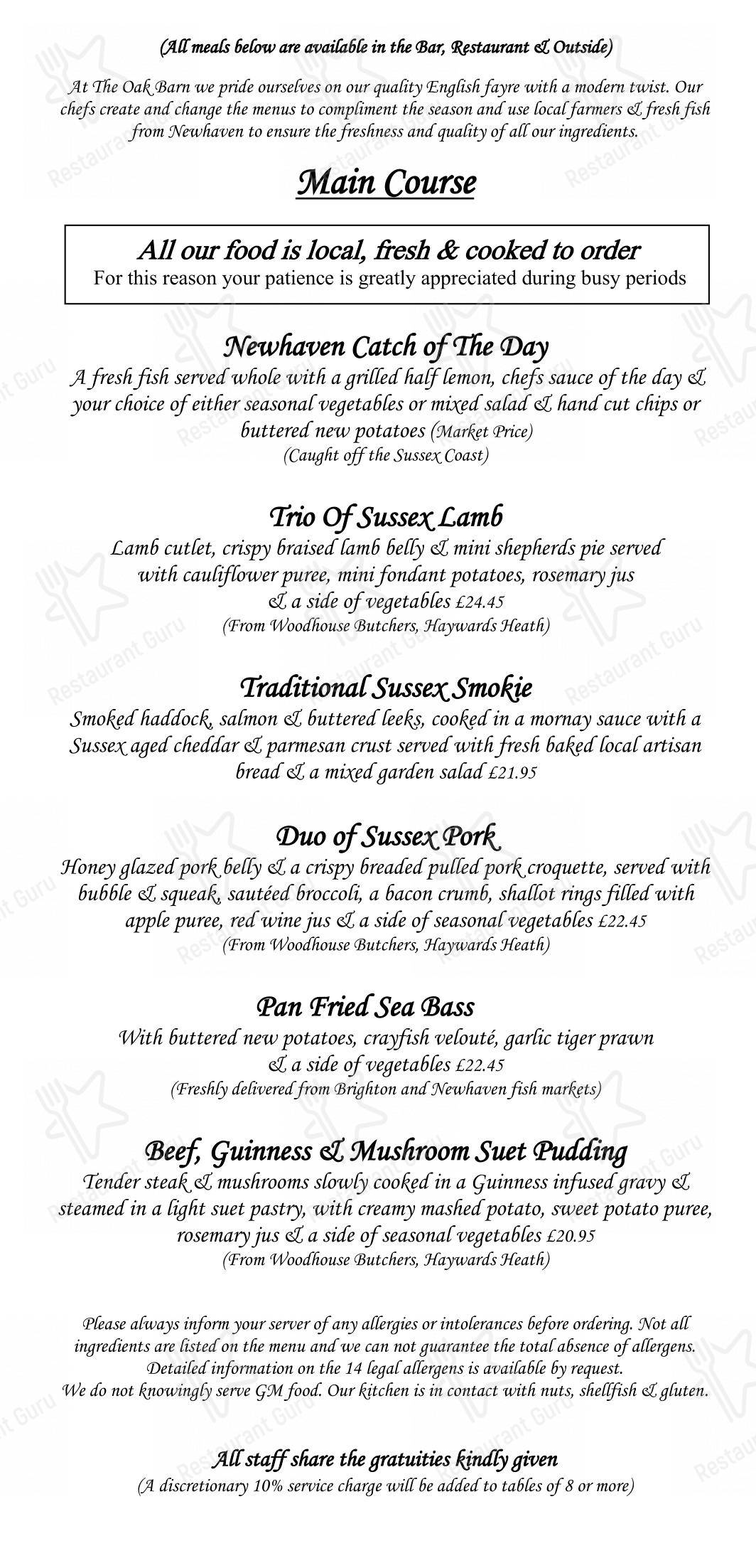 Menu at The Oak Barn Bar & Restaurant, Burgess Hill