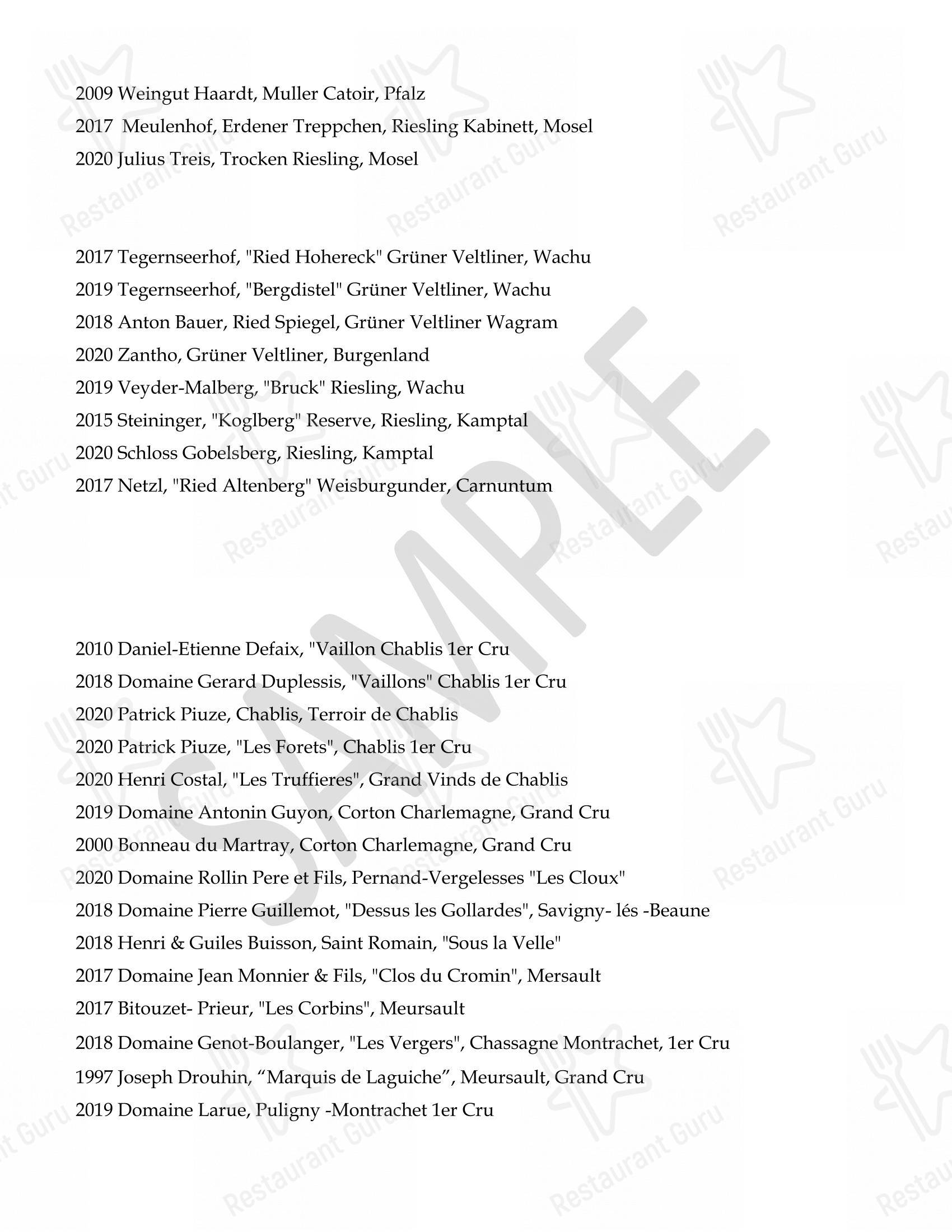 Menu at The Pitcher Inn & Wellness Center restaurant, Warren