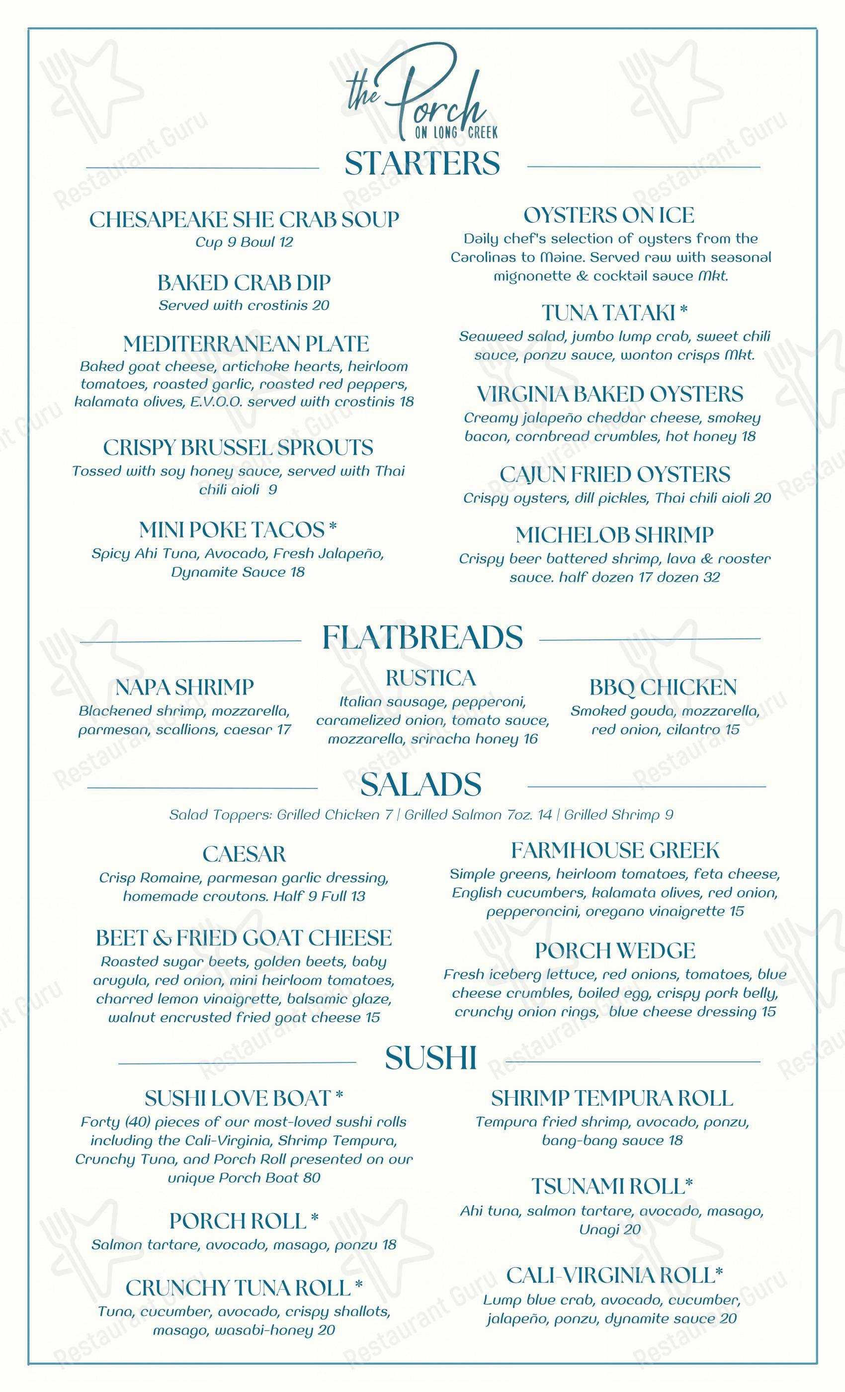 Menu at The Porch on Long Creek restaurant, Virginia Beach, W Great ...
