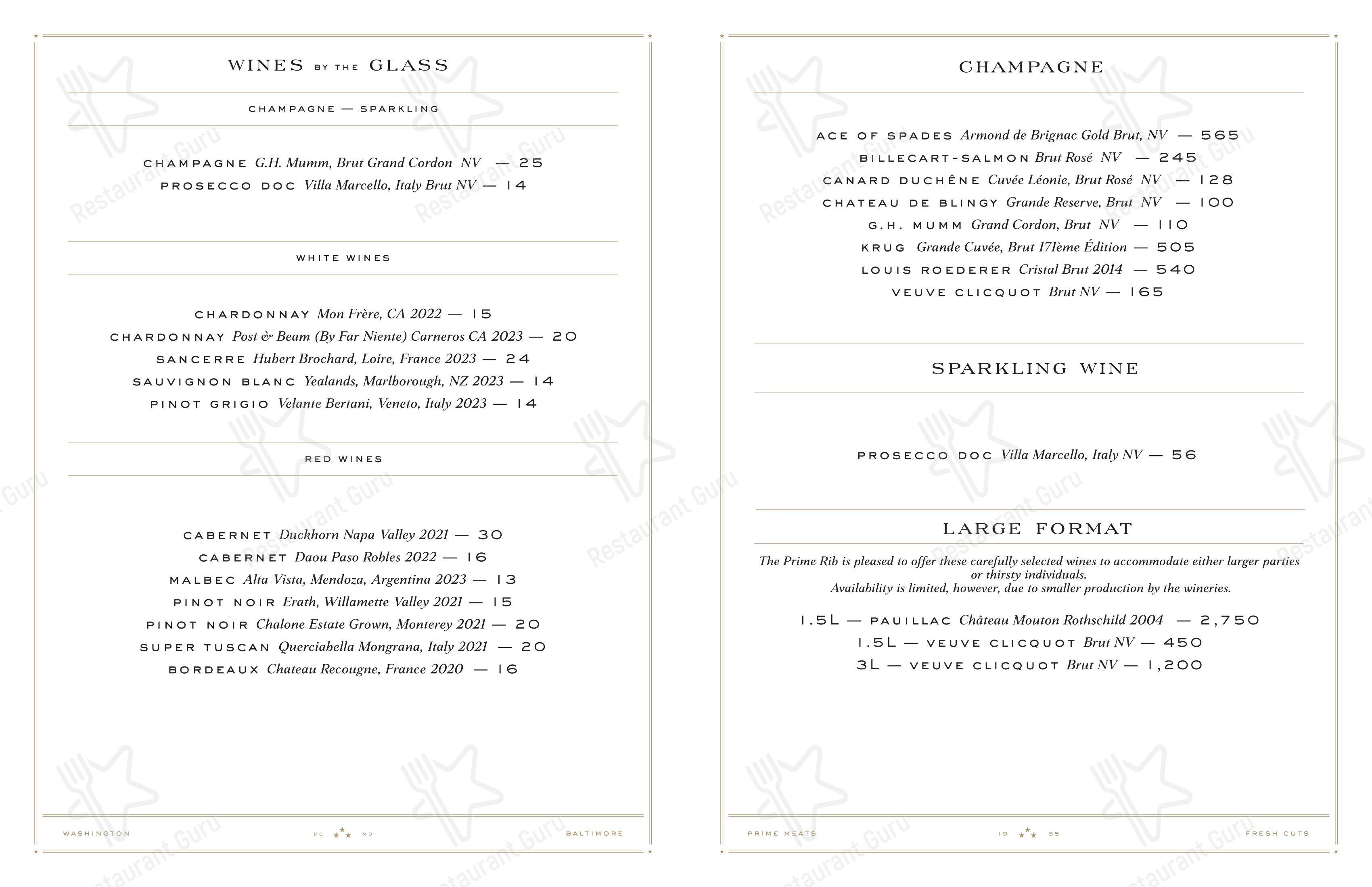 Menu at The Prime Rib pub & bar, Baltimore, N Calvert St