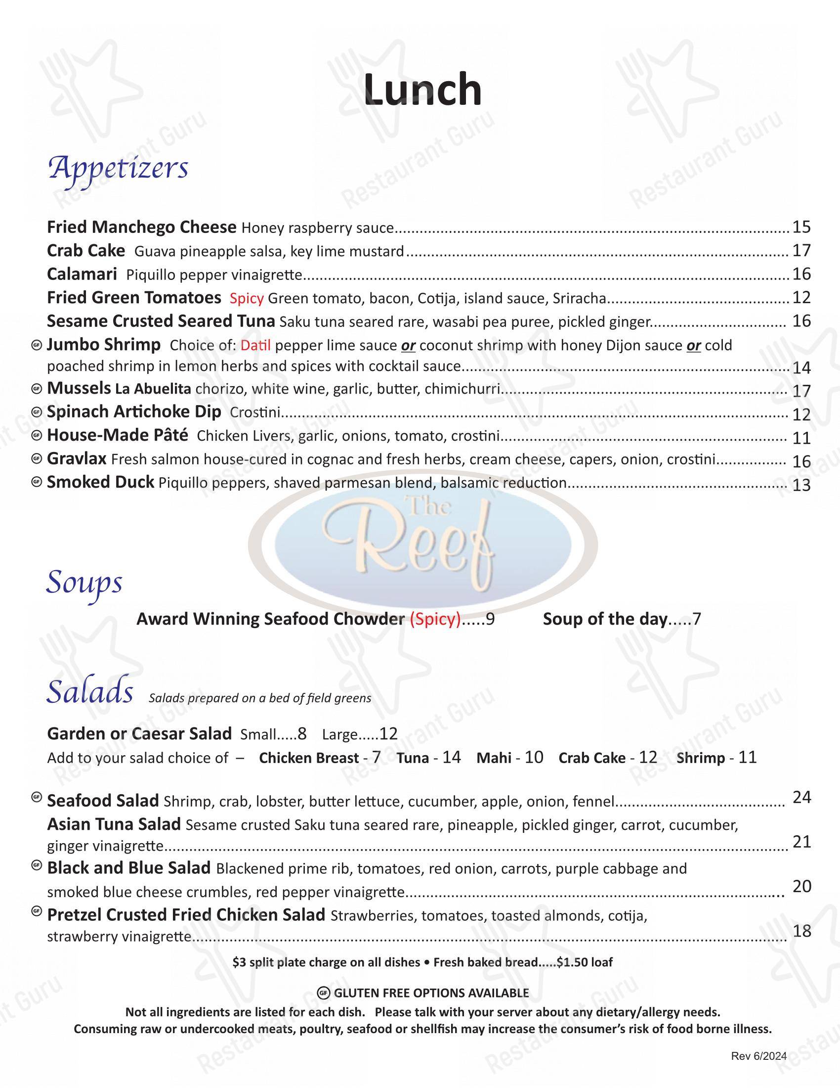 Menu at The Reef restaurant, St. Augustine
