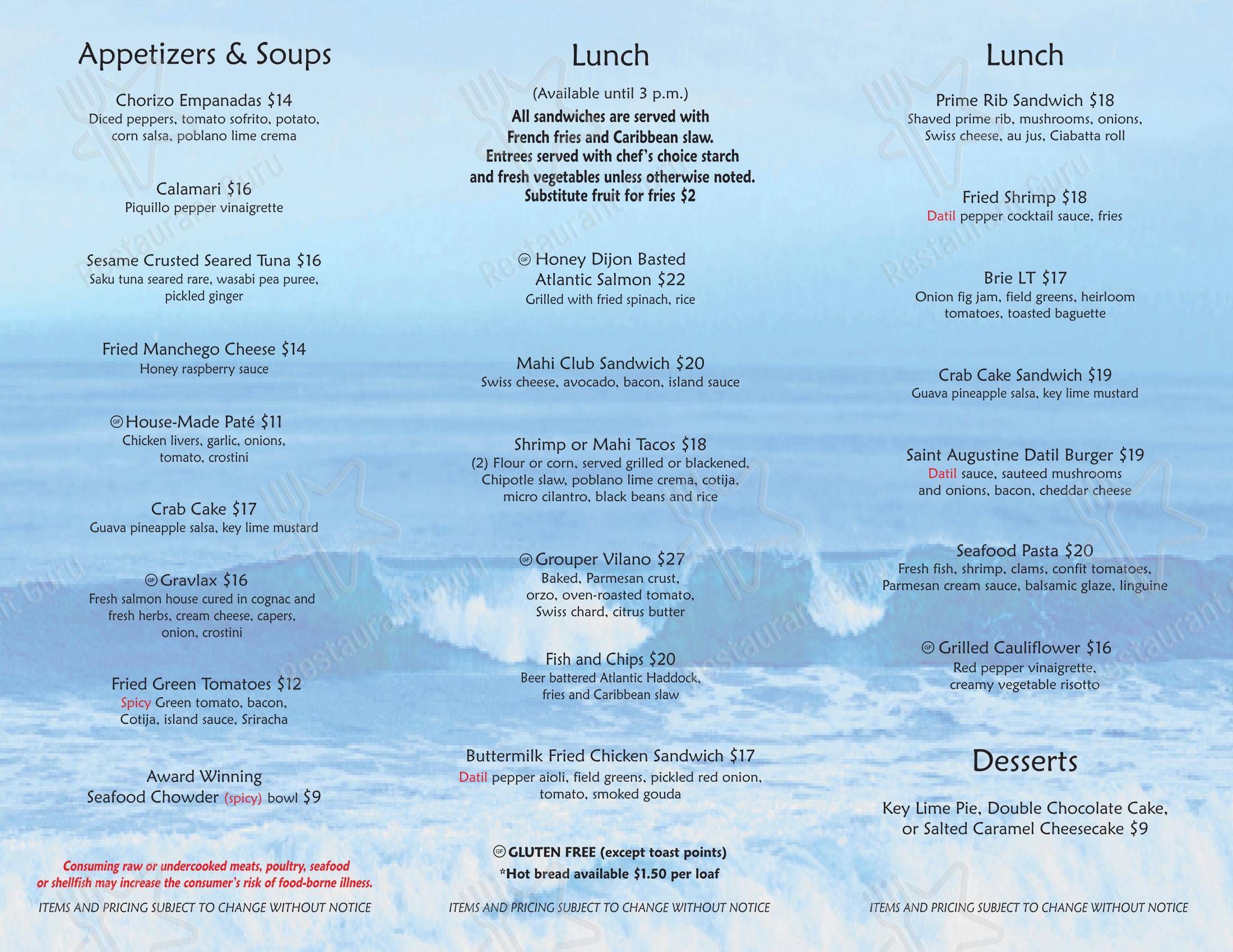 Menu at The Reef restaurant, St. Augustine
