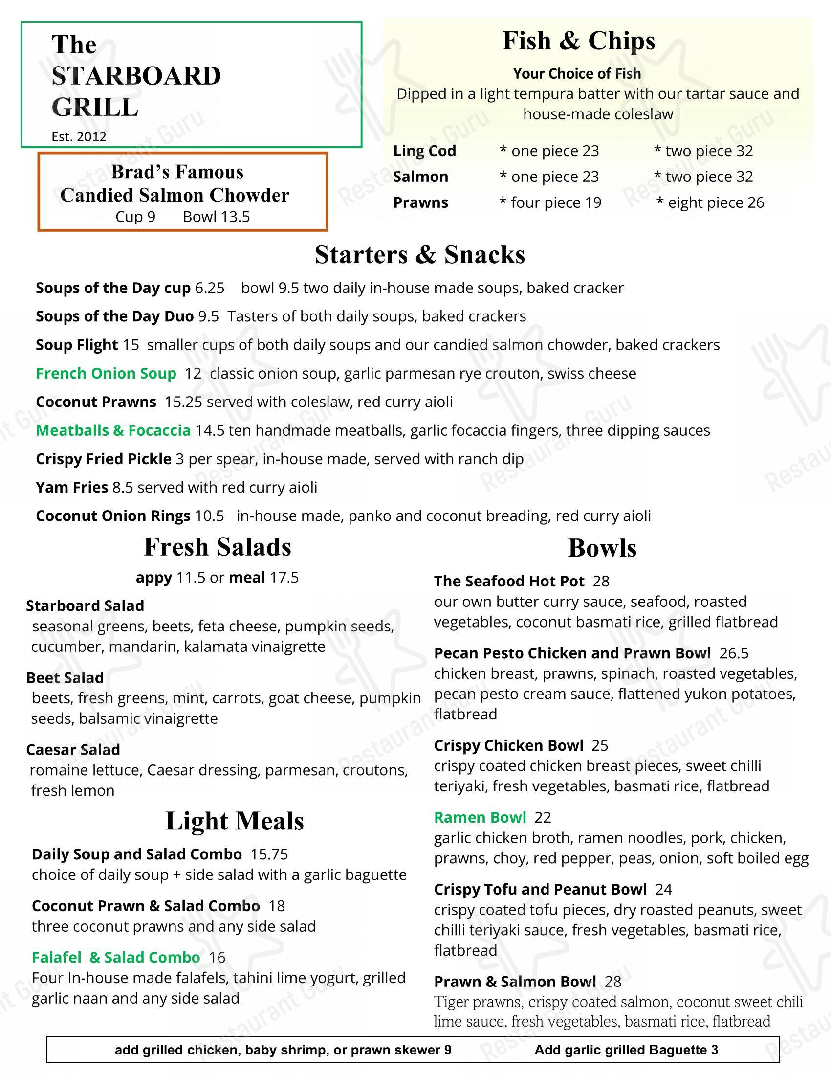 Menu at The Starboard Grill restaurant, Port Alberni, Argyle St