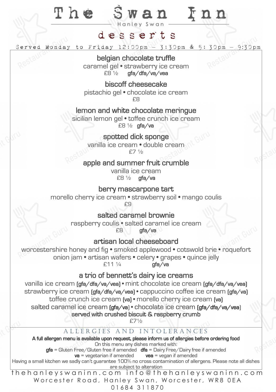 Menu at The Swan Inn pub & bar, Hanley Swan, Road
