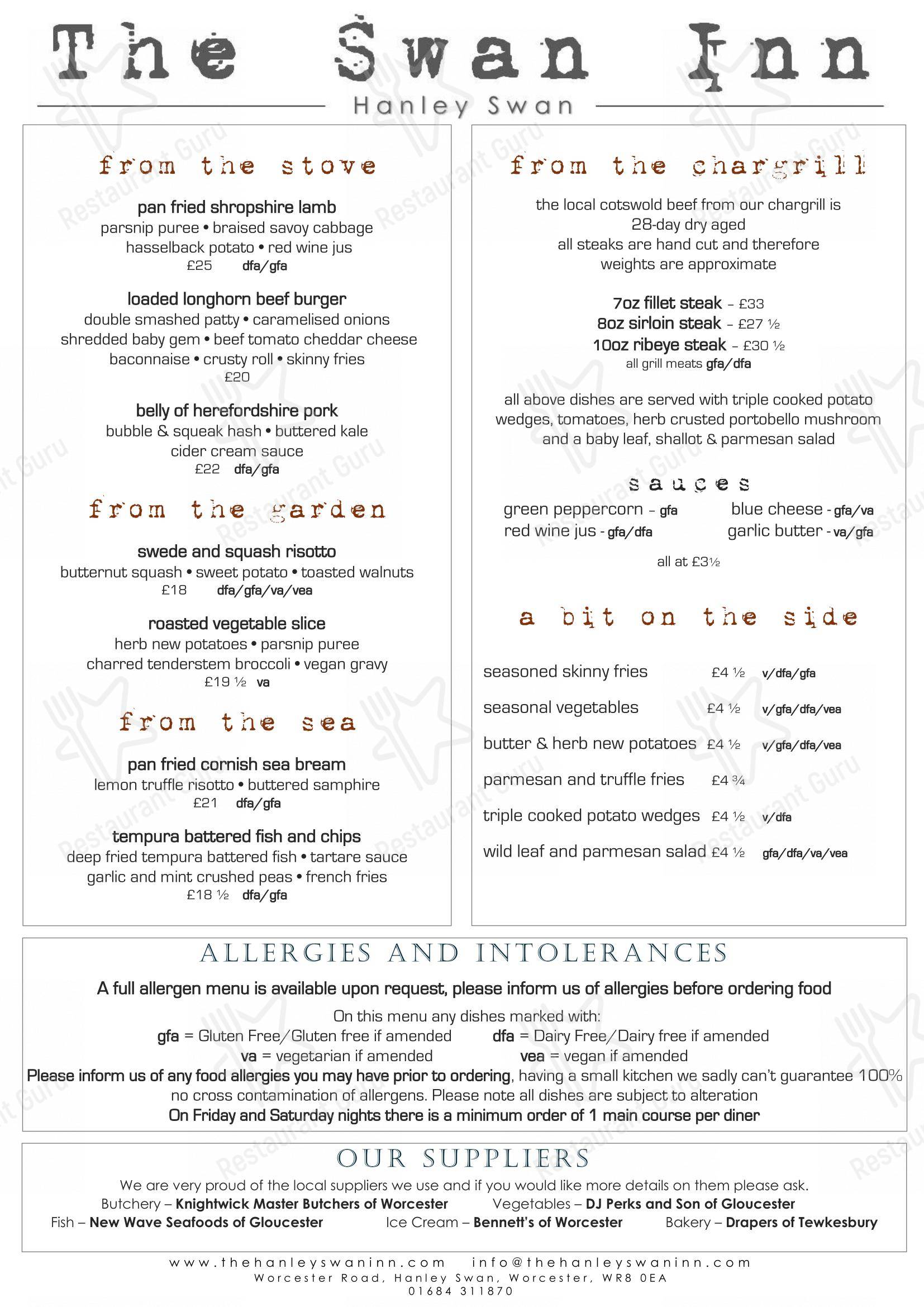 Menu at The Swan Inn pub & bar, Hanley Swan, Road