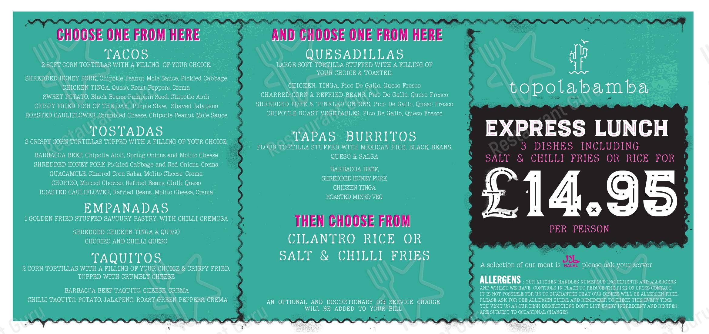 Menu at Topolabamba West End restaurant, Glasgow