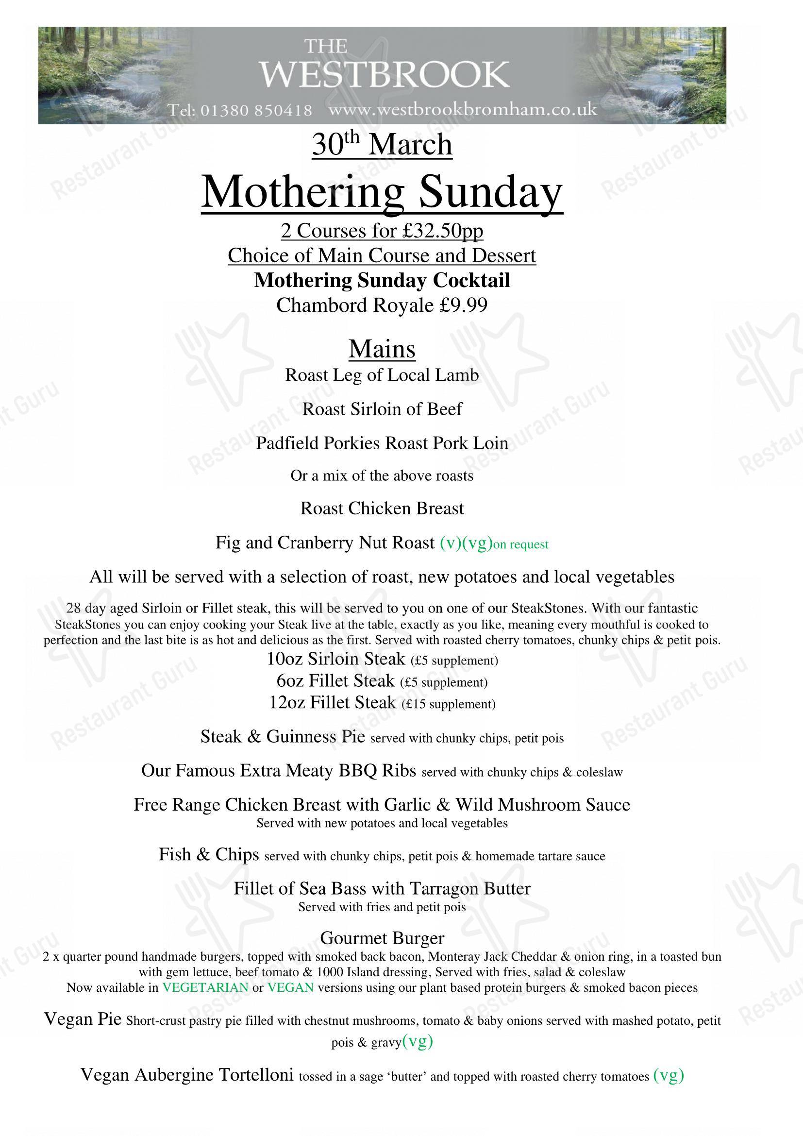 Menu at Westbrook Inn pub & bar, Bromham, 107 Westbrook Rd