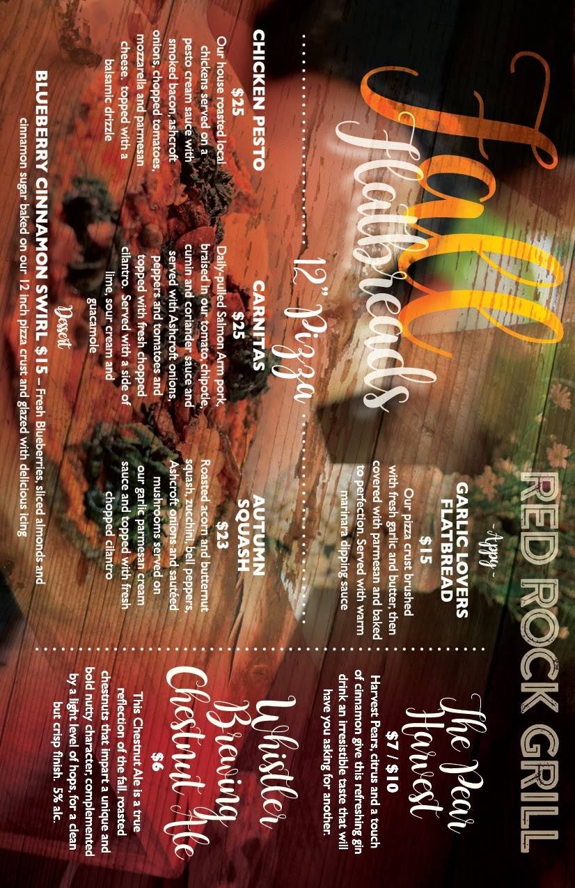 Menu at Red Rock Grill restaurant, 100 Mile House, Reservations Accepted
