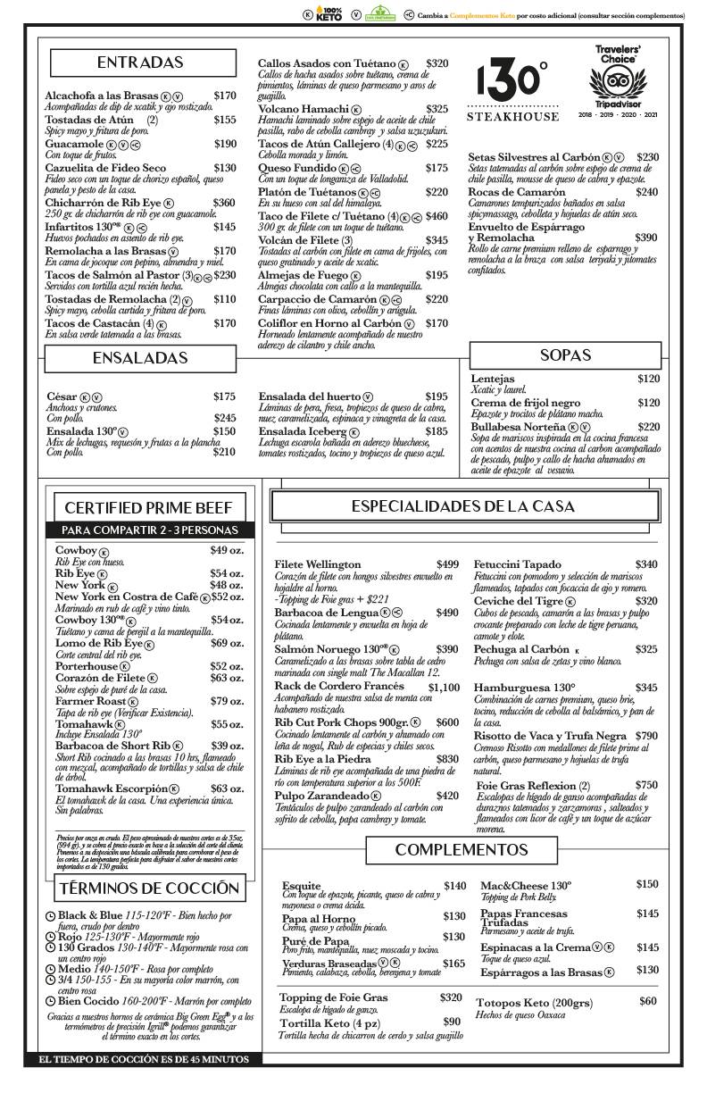 Carta de 130 grados Steakhouse Querétaro, Santiago de Querétaro