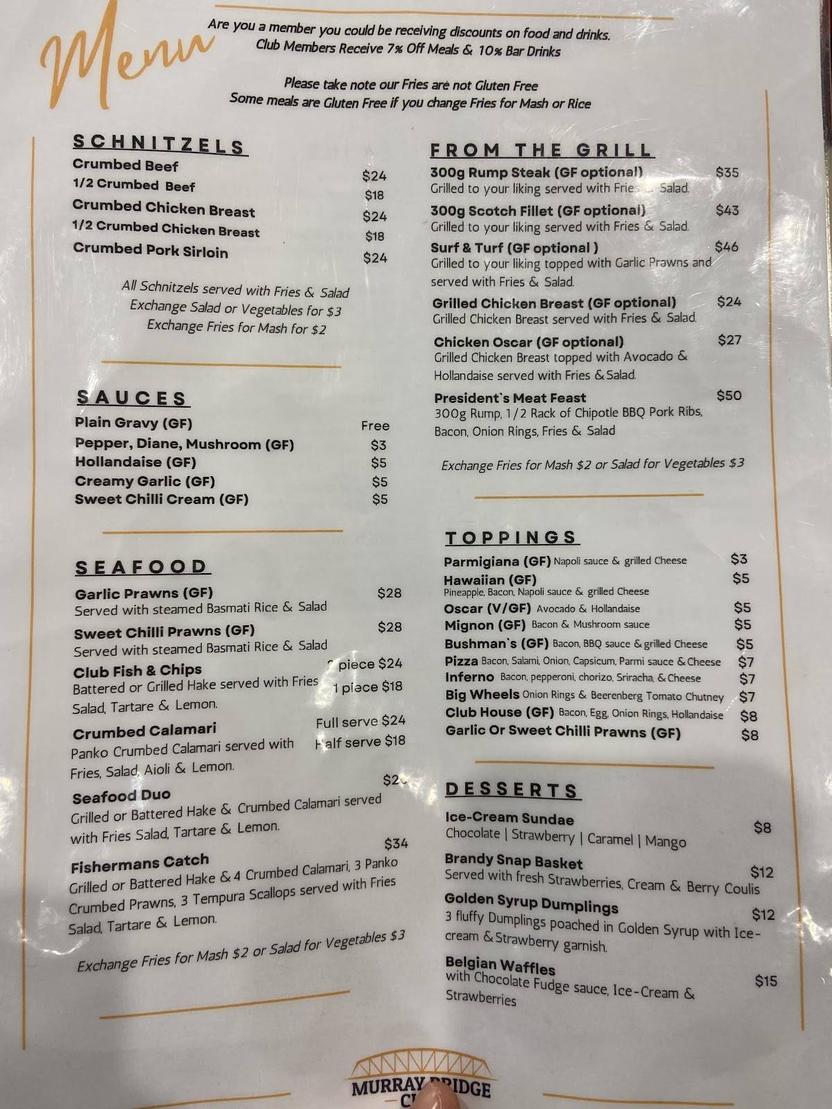 Menu at 1924 RiverFront Steakhouse, Murray Bridge