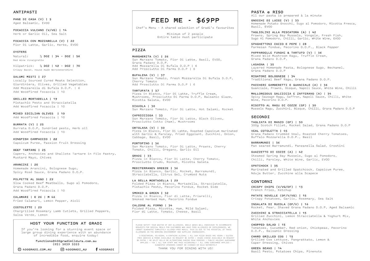 Menu at 400 Gradi Mildura pizzeria, Mildura