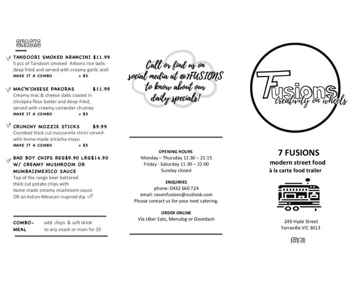 Menu at 7 Fusions restaurant, Yarraville