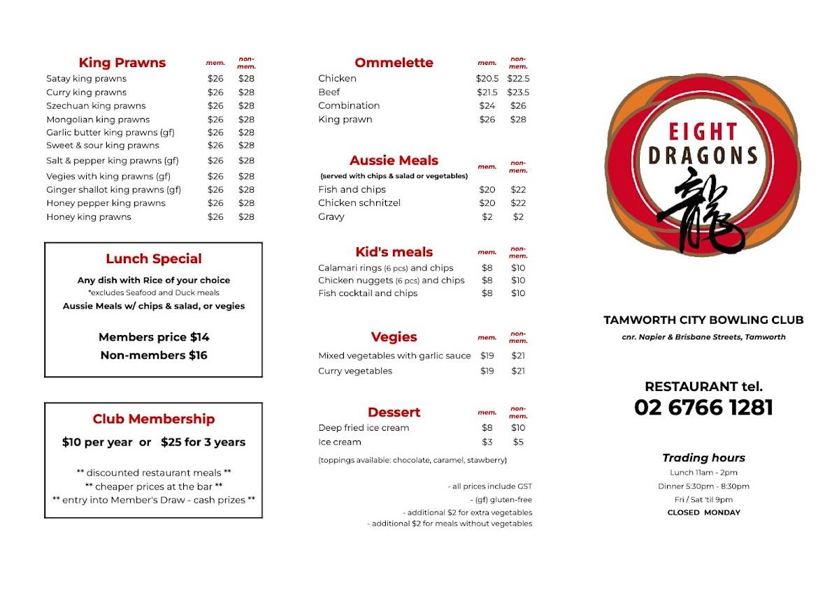 Menu at 8 DRAGONS restaurant, Tamworth