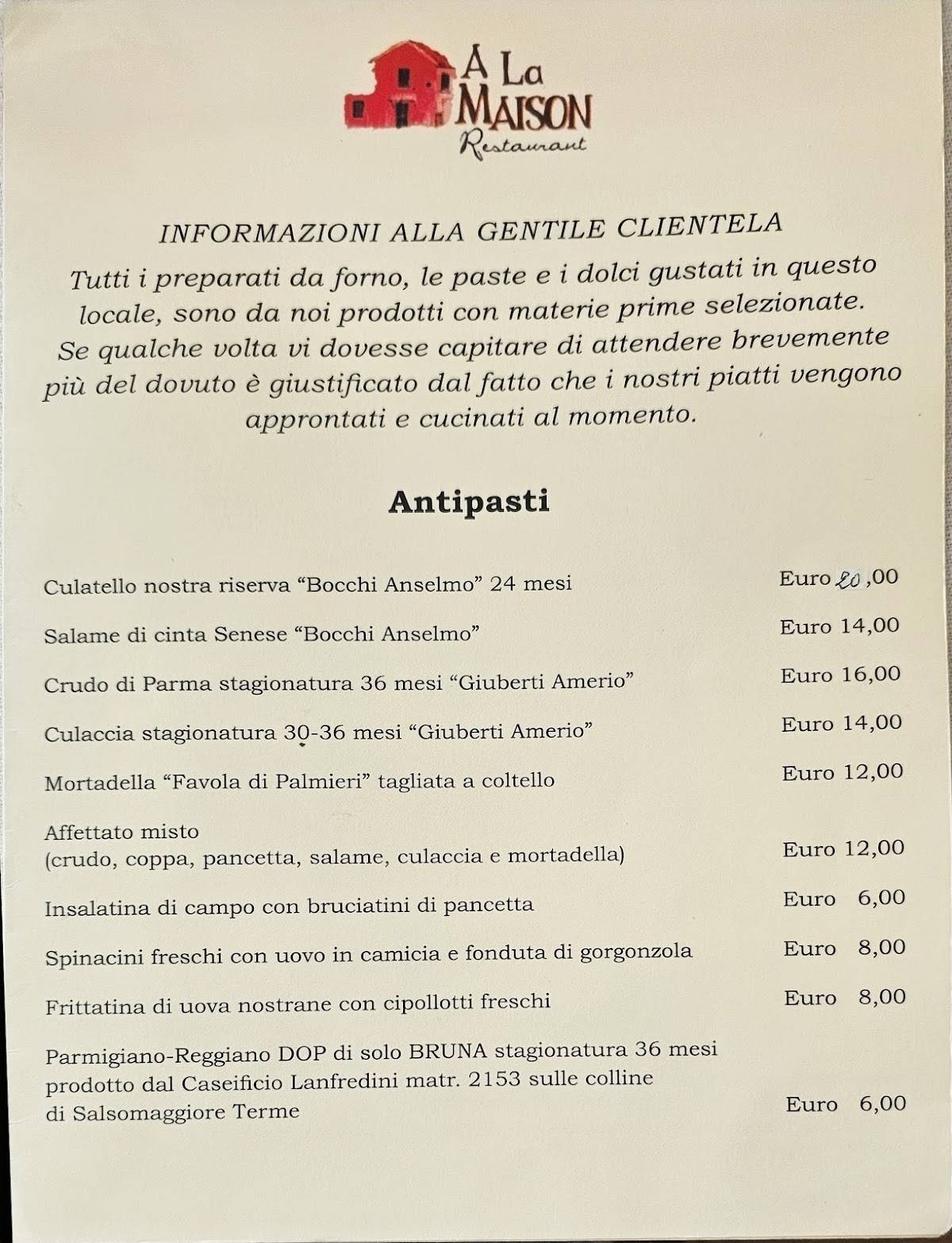 Menu da La Maison Restaurant, Fornovo di Taro