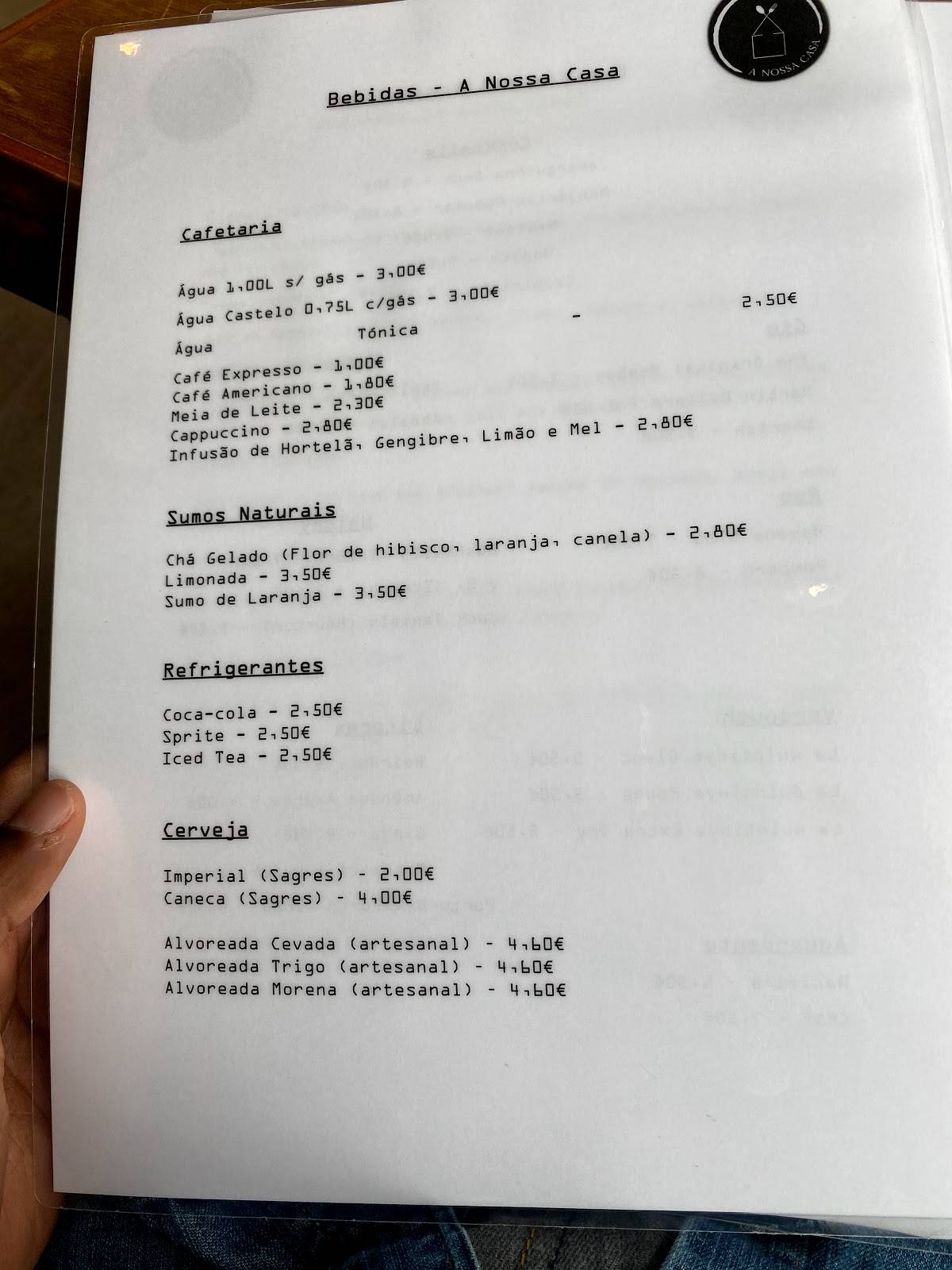 Menu at A Nossa Casa restaurant, Lisbon, R. da Atalaia 31