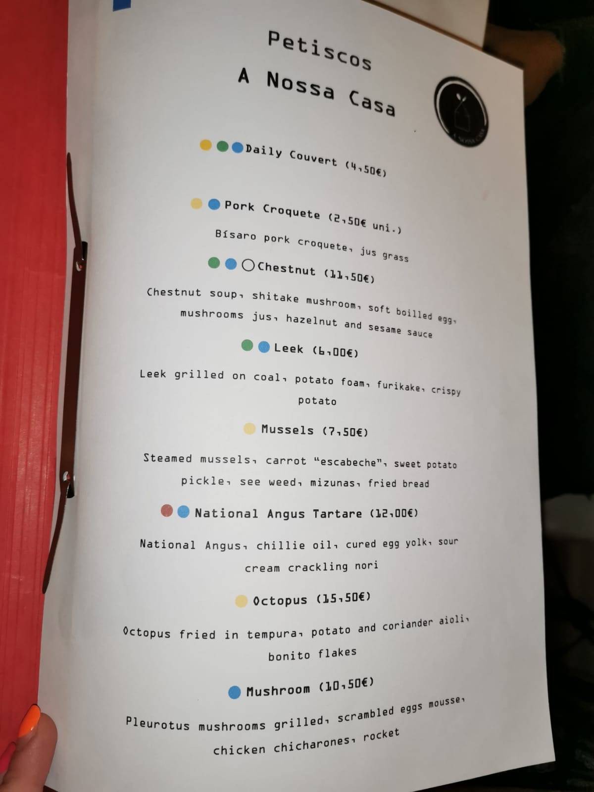 Menu at A Nossa Casa restaurant, Lisbon, R. da Atalaia 31