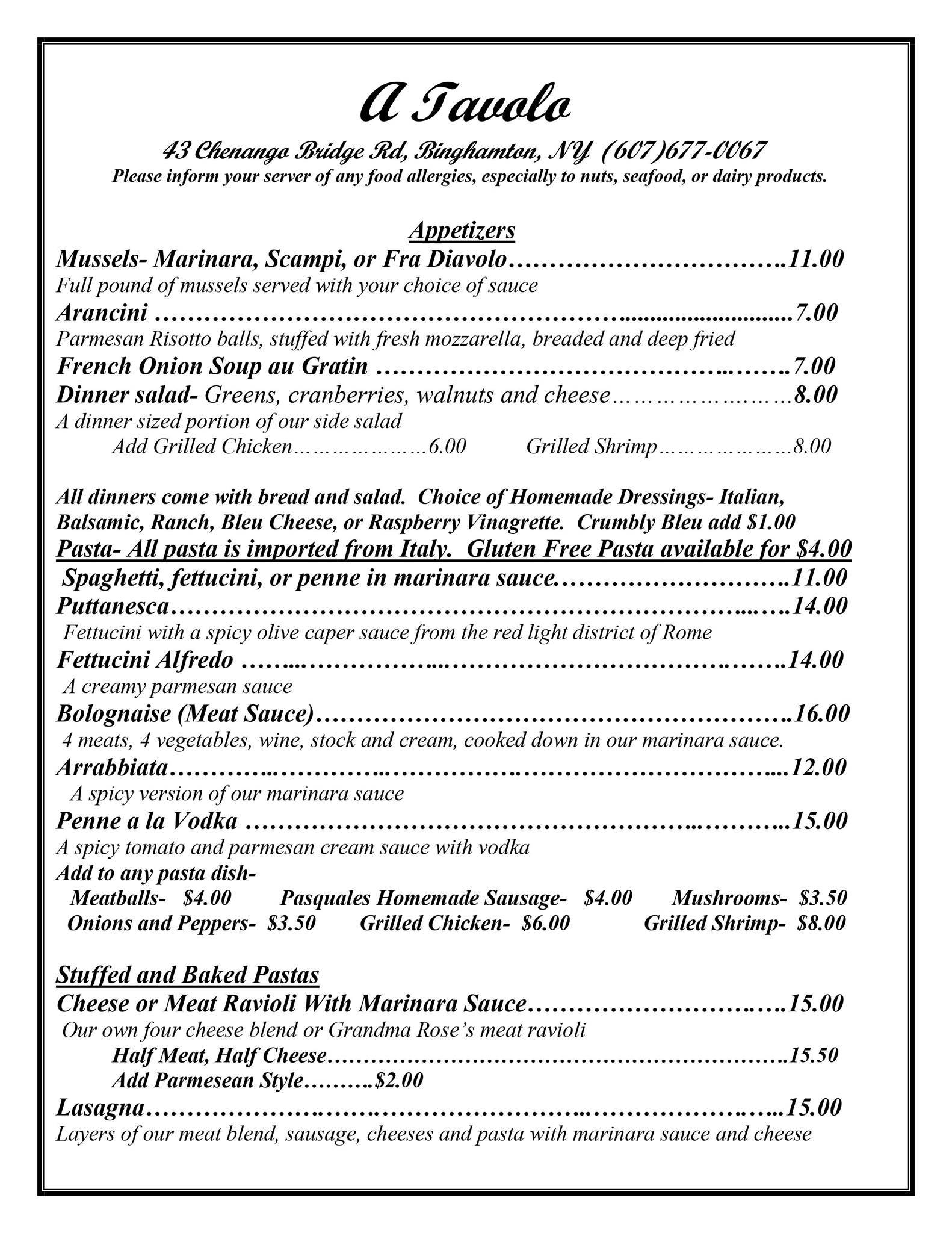 Menu at A Tavolo Italian Restaurant, Binghamton, 42 Chenango Bridge Rd
