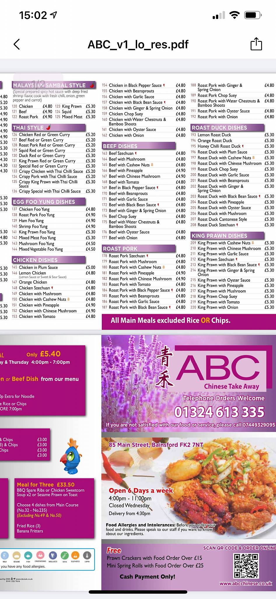 Menu at ABC CHINESE TAKE AWAY restaurant, Falkirk