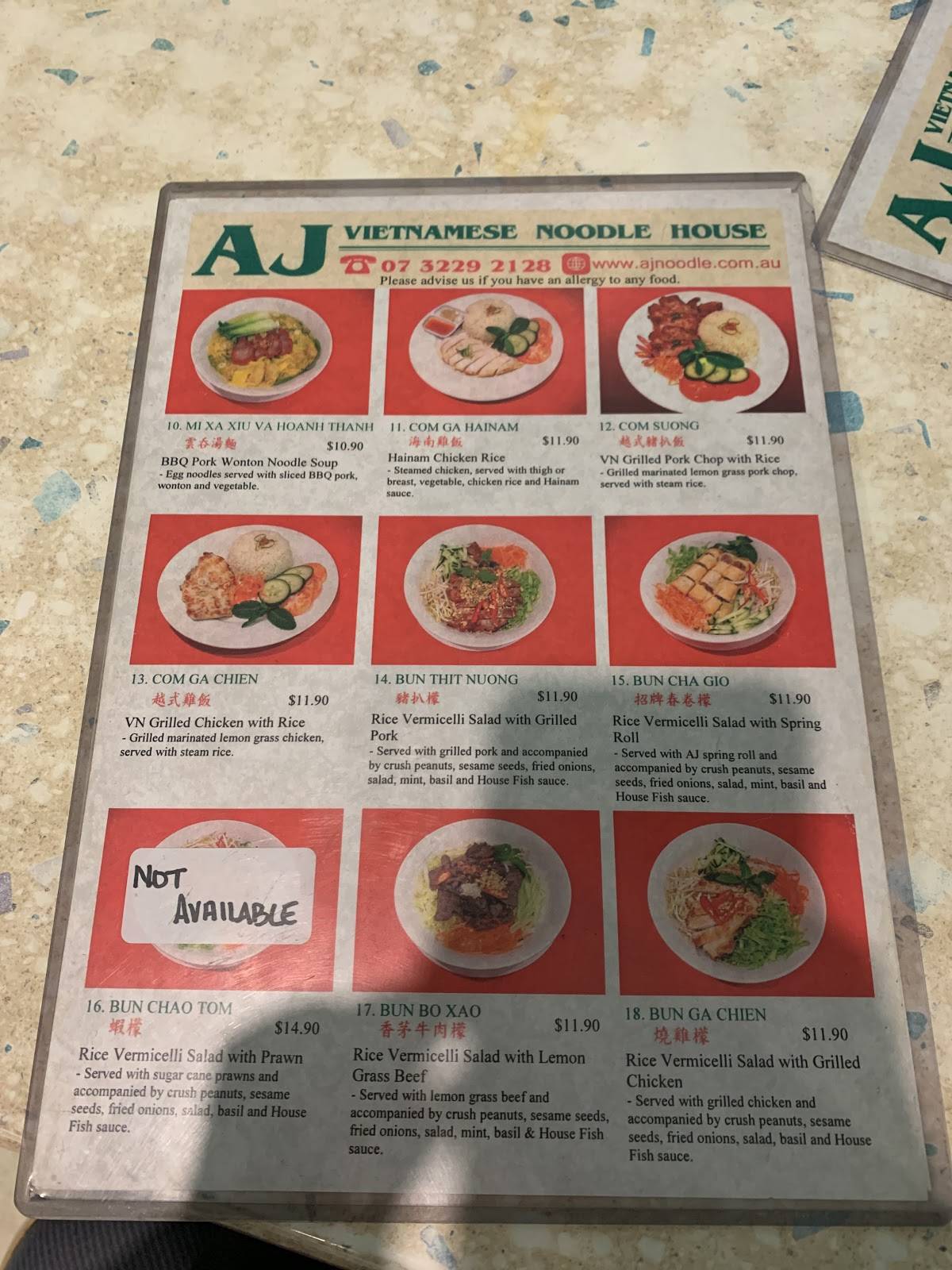 Menu at AJ Vietnamese Noodle House restaurant, Brisbane City