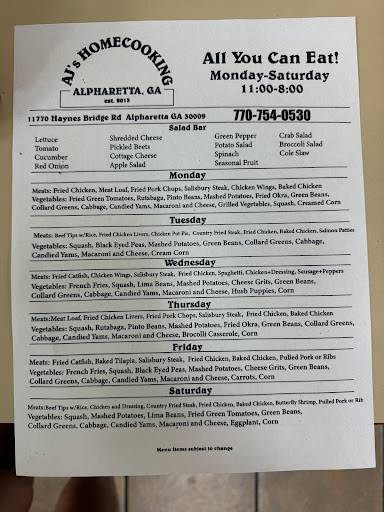 Menu at AJ's Home Cooking fast food, Alpharetta, Haynes Bridge Rd #902