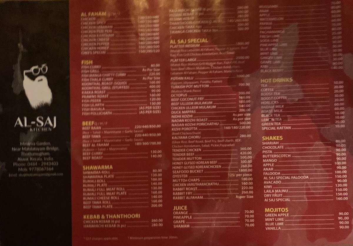Menu at AL SAJ KITCHEN, Aluva, MINARVA GARDEN