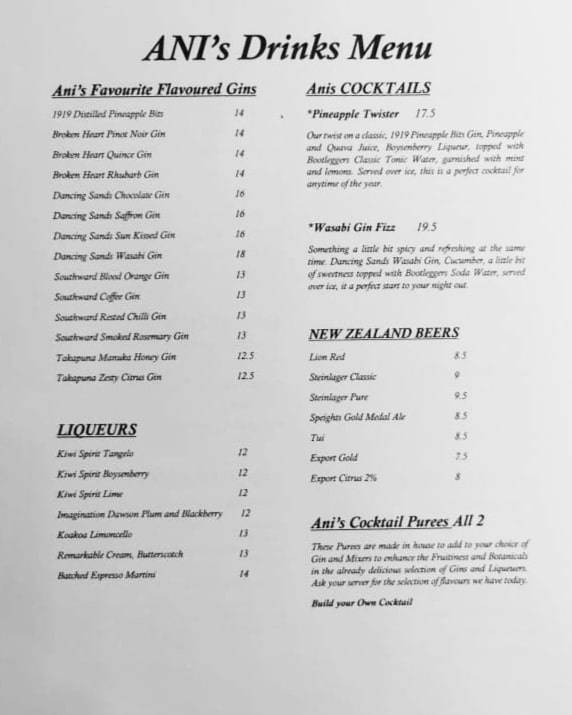Menu at ANI's Gin Bar and Tapas, Rotorua