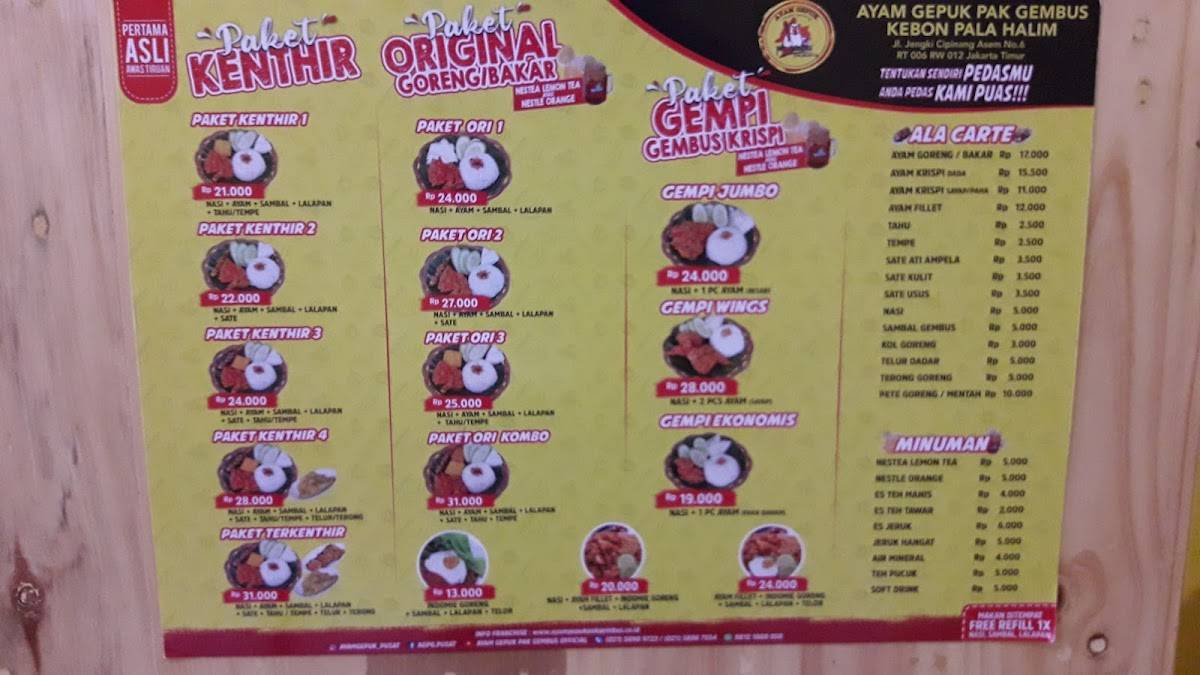 Menu at AYAM GEPUK PAK GEMBUS HALIM restaurant, East Jakarta