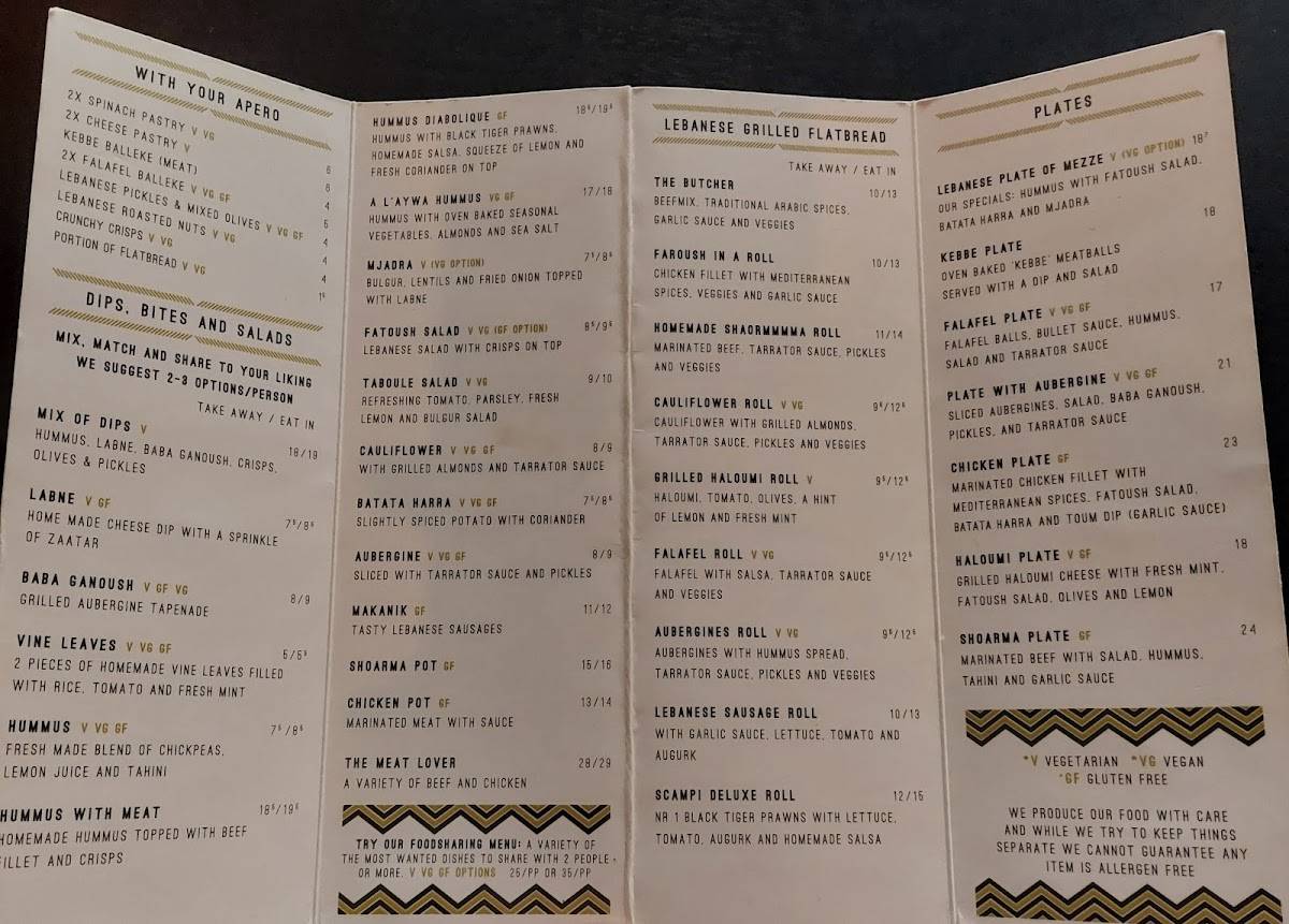 Menu at AYWA restaurant, Ghent
