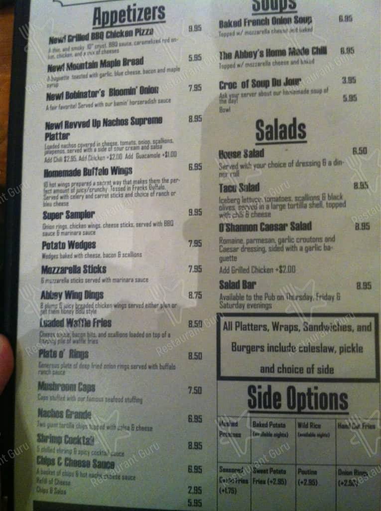 Menu at The Abbey Pub and Restaurant, Sheldon